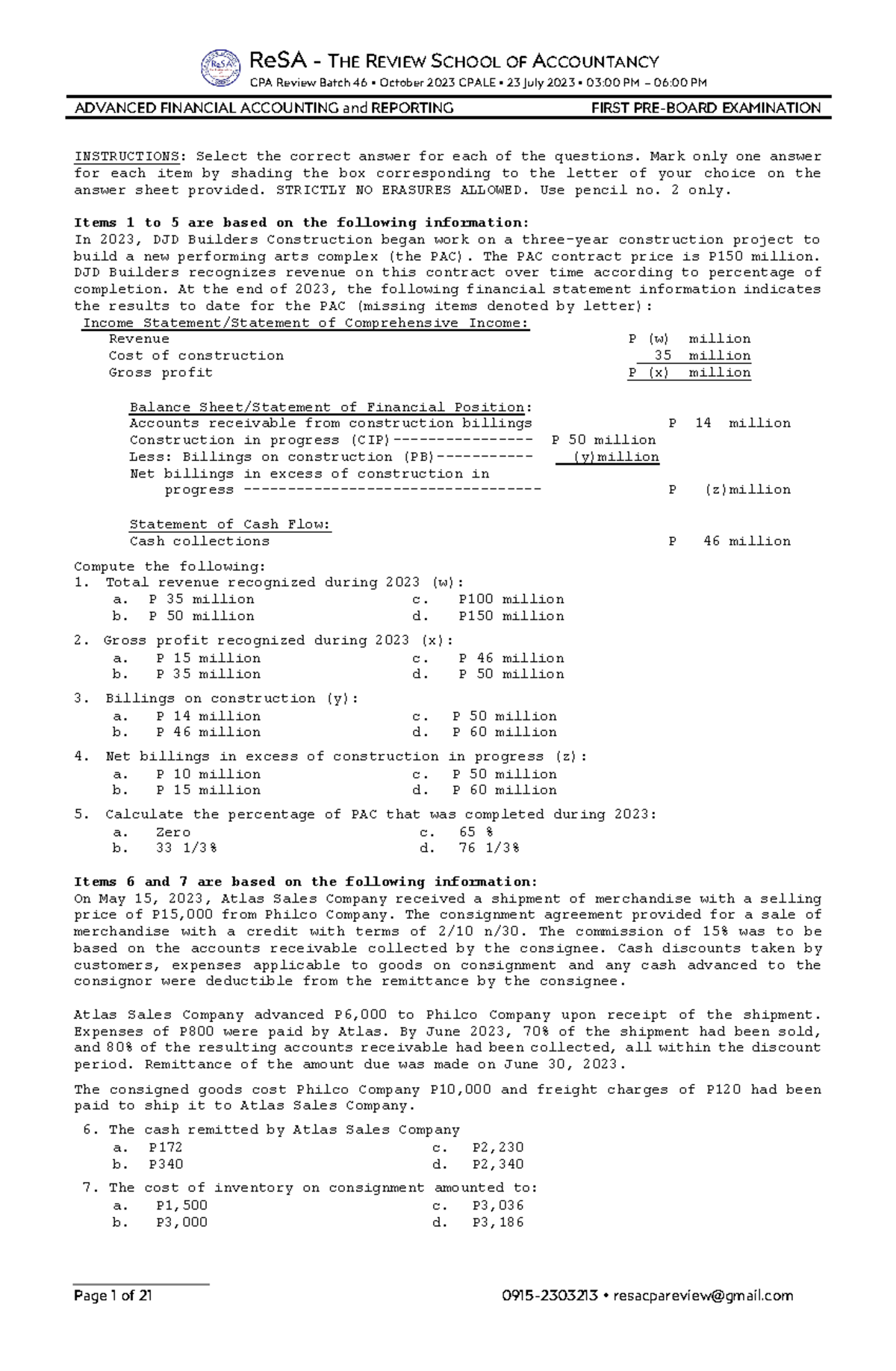 RESA AFAR 1st Pre-Board Exam - CPA Review Batch 4 - July 2023 - Studocu