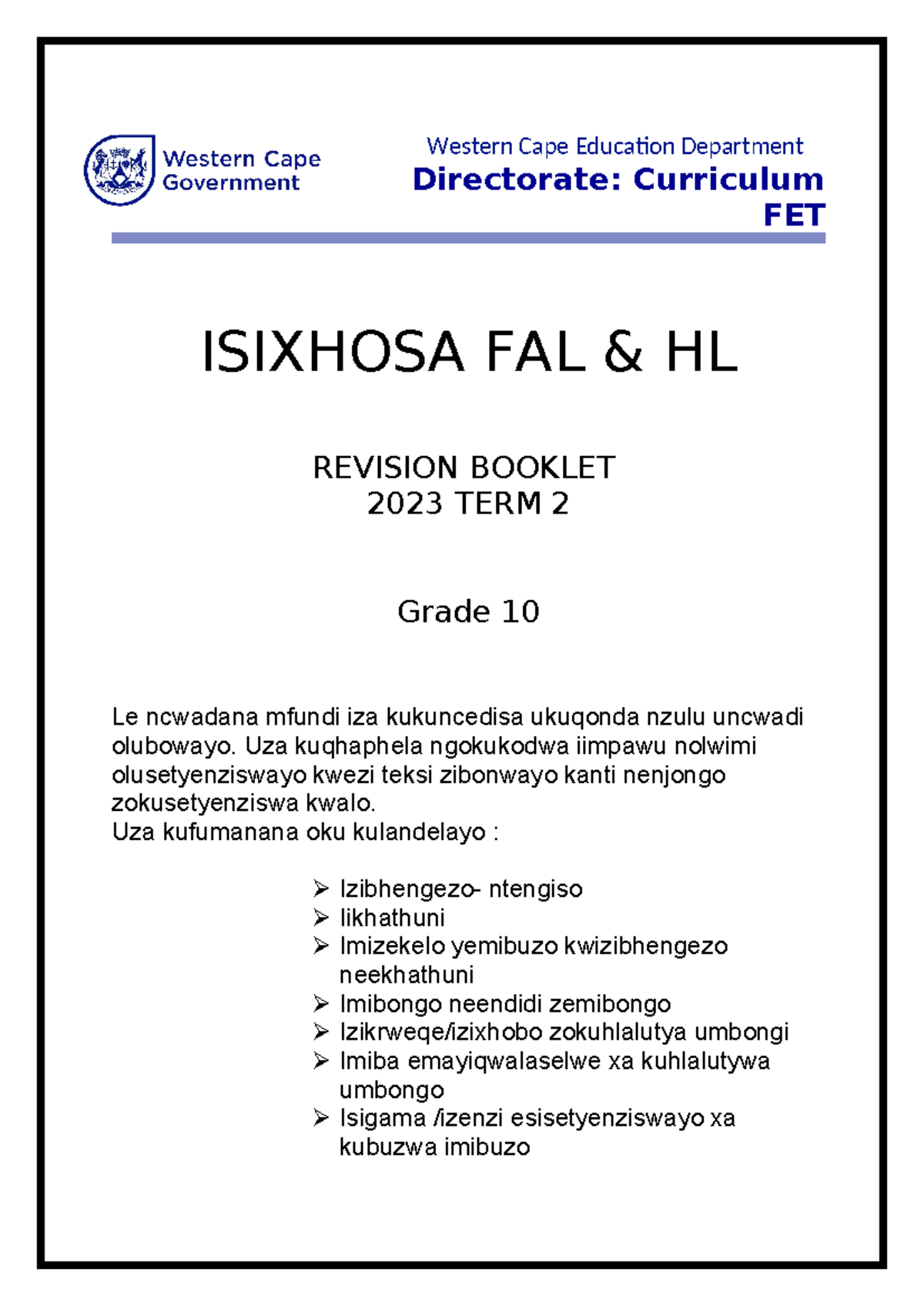IsiXhosa Grade 10 Term 2 Revision Material Guide - 2023 - Studocu