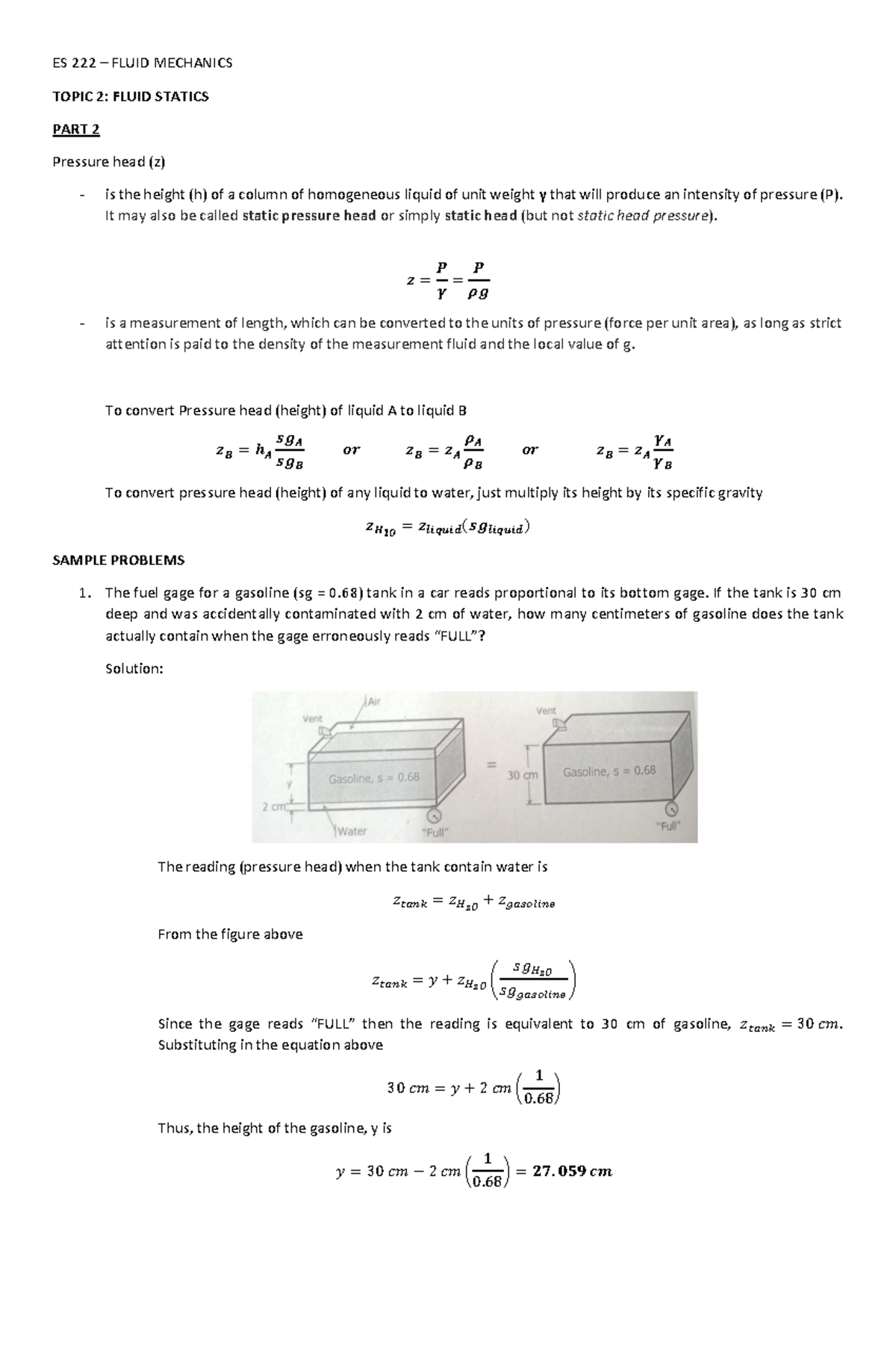 ES 222 - Fluid Mechanics Lecture Notes: Topic 2, Part 2 - Fluid Statics ...