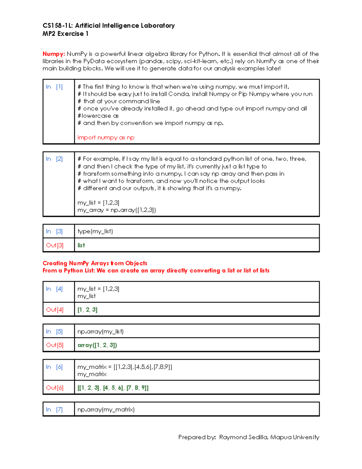 MP2 Linear Algebra Basics with NumPy - Exercise 1 Guide - Studocu