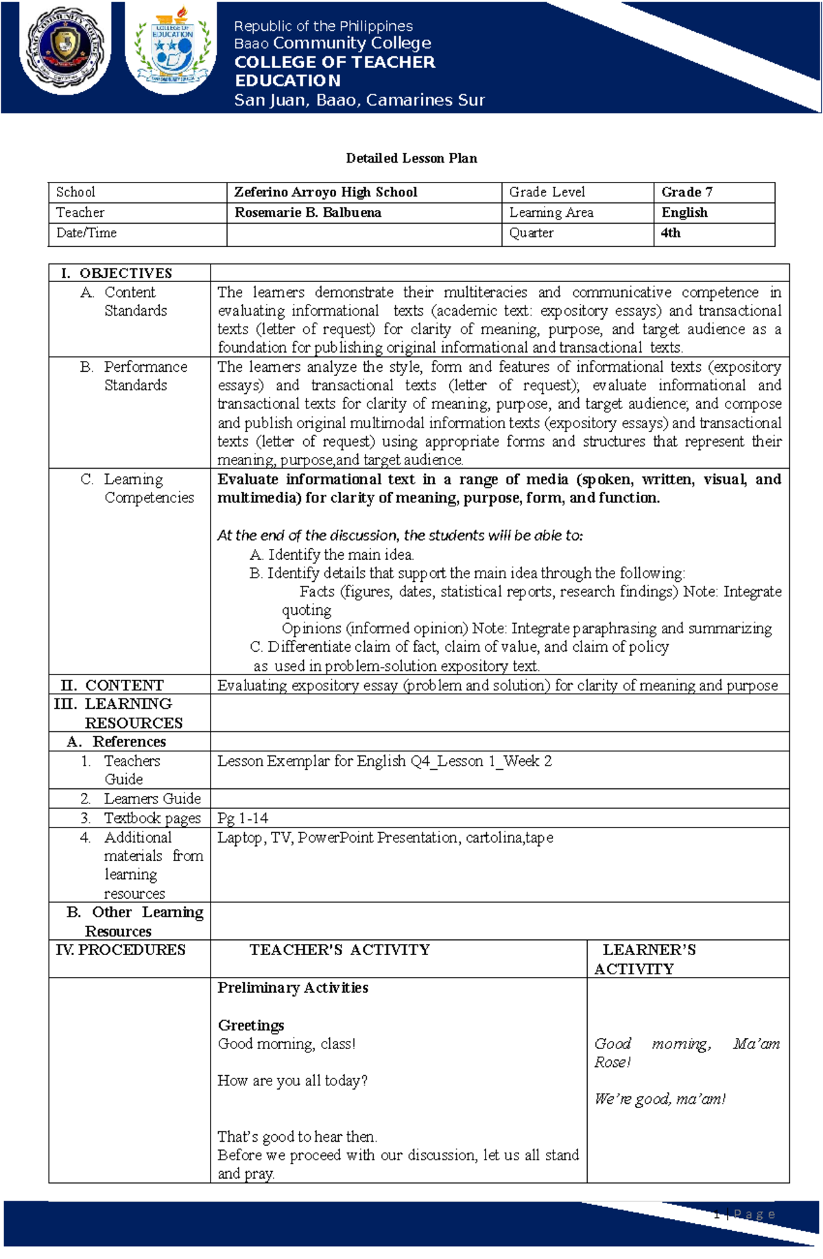 Detailed Lesson Plan for Grade 7 English (Q4) by Ma'am Rose - Studocu