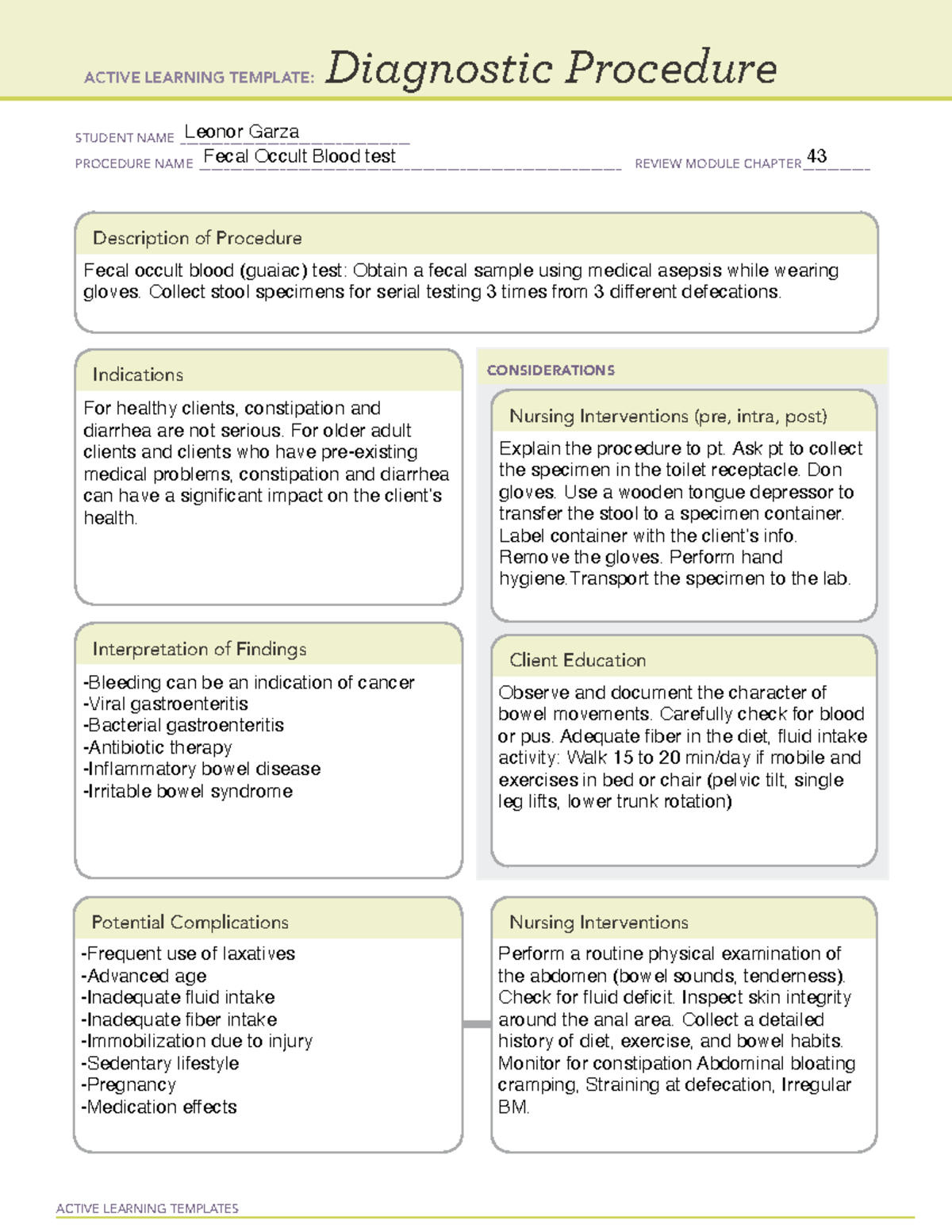 ACTIVE LEARNING TEMPLATE: Diagnostic Procedure Fecal Occult Blood Test ...