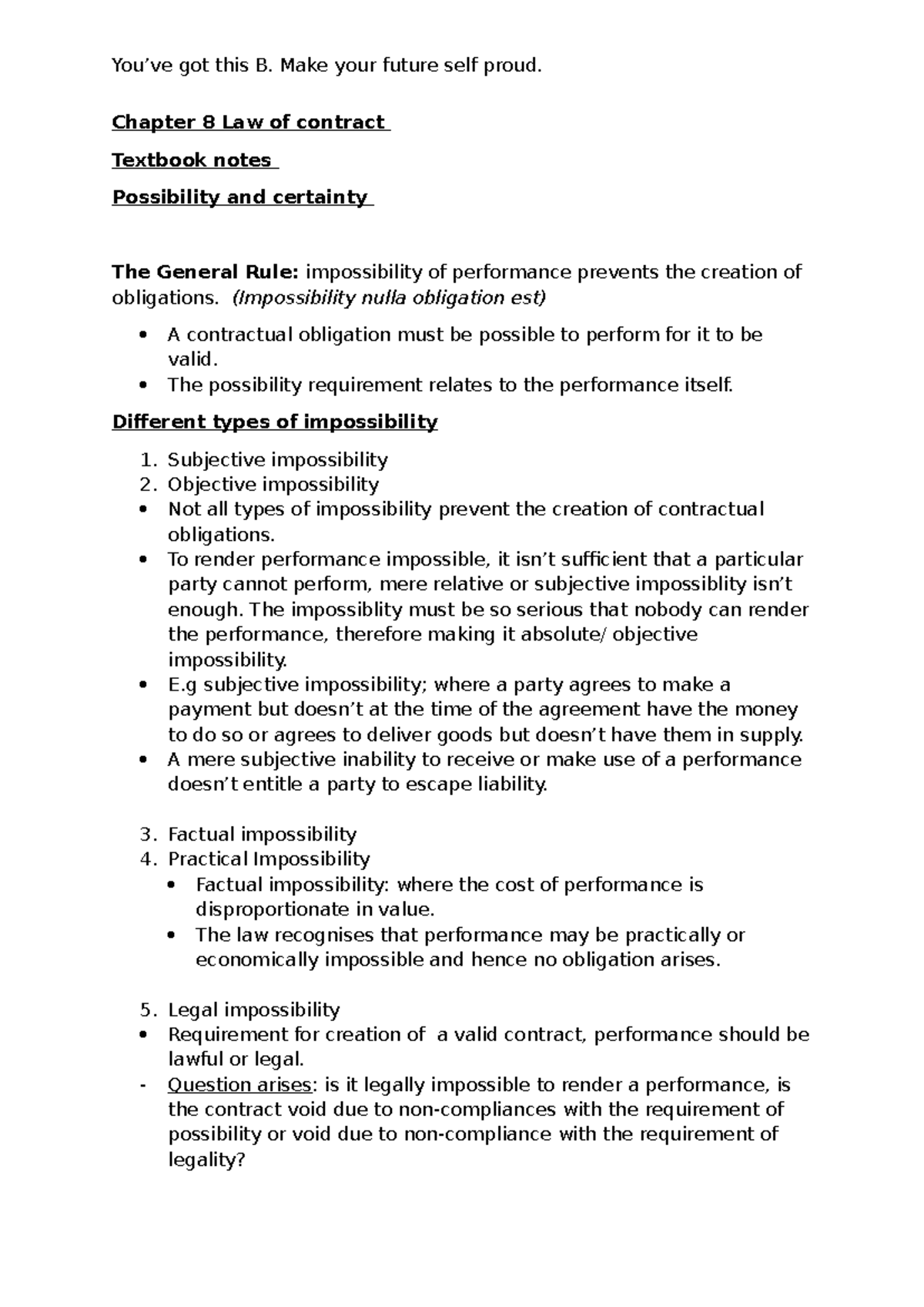 Law of Contract - Chapter 8: Impossibility and Certainty in Obligations ...