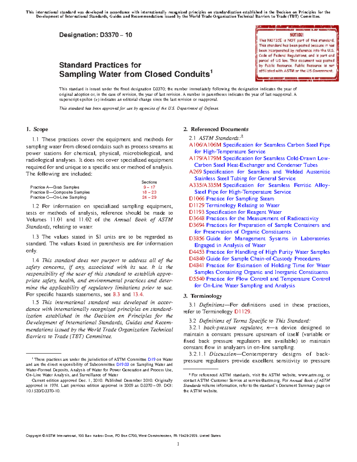 ASTM D3370-10 Standard Practices for Water Sampling from Closed ...