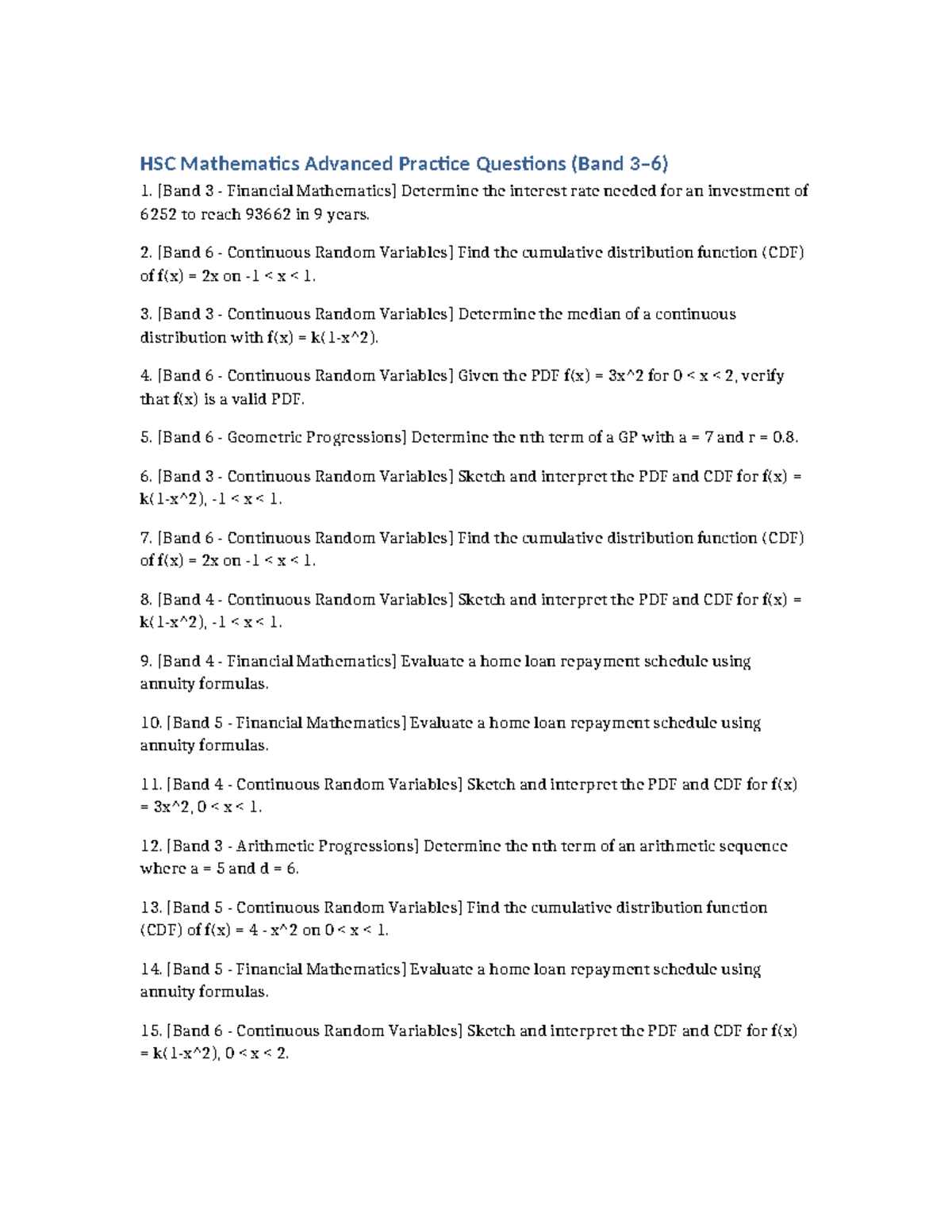HSC Mathematics Advanced Practice Questions (Band 3-6) - Studocu