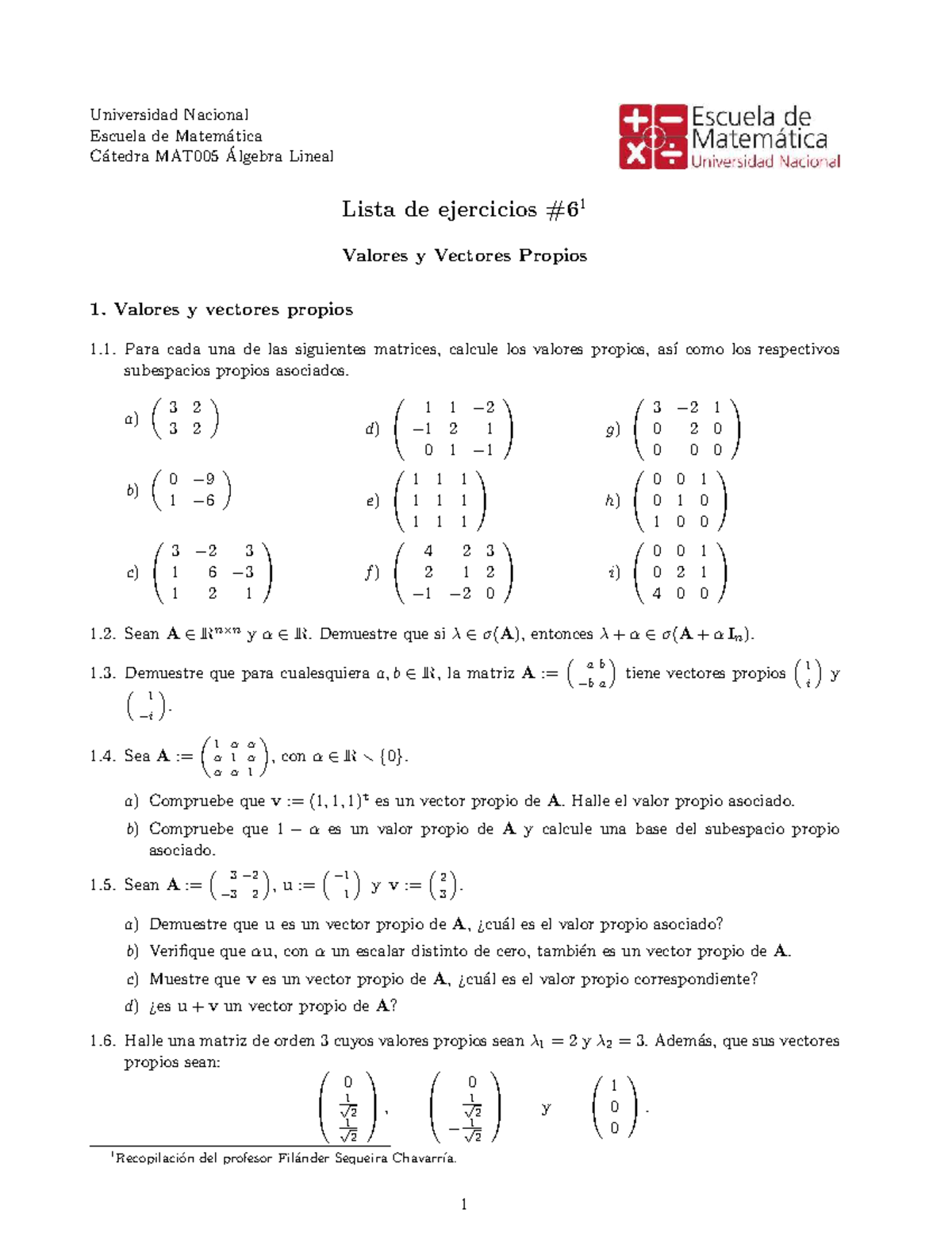 Ejercicios 6: Valores y Vectores Propios - MAT005 Algebra Lineal - Studocu