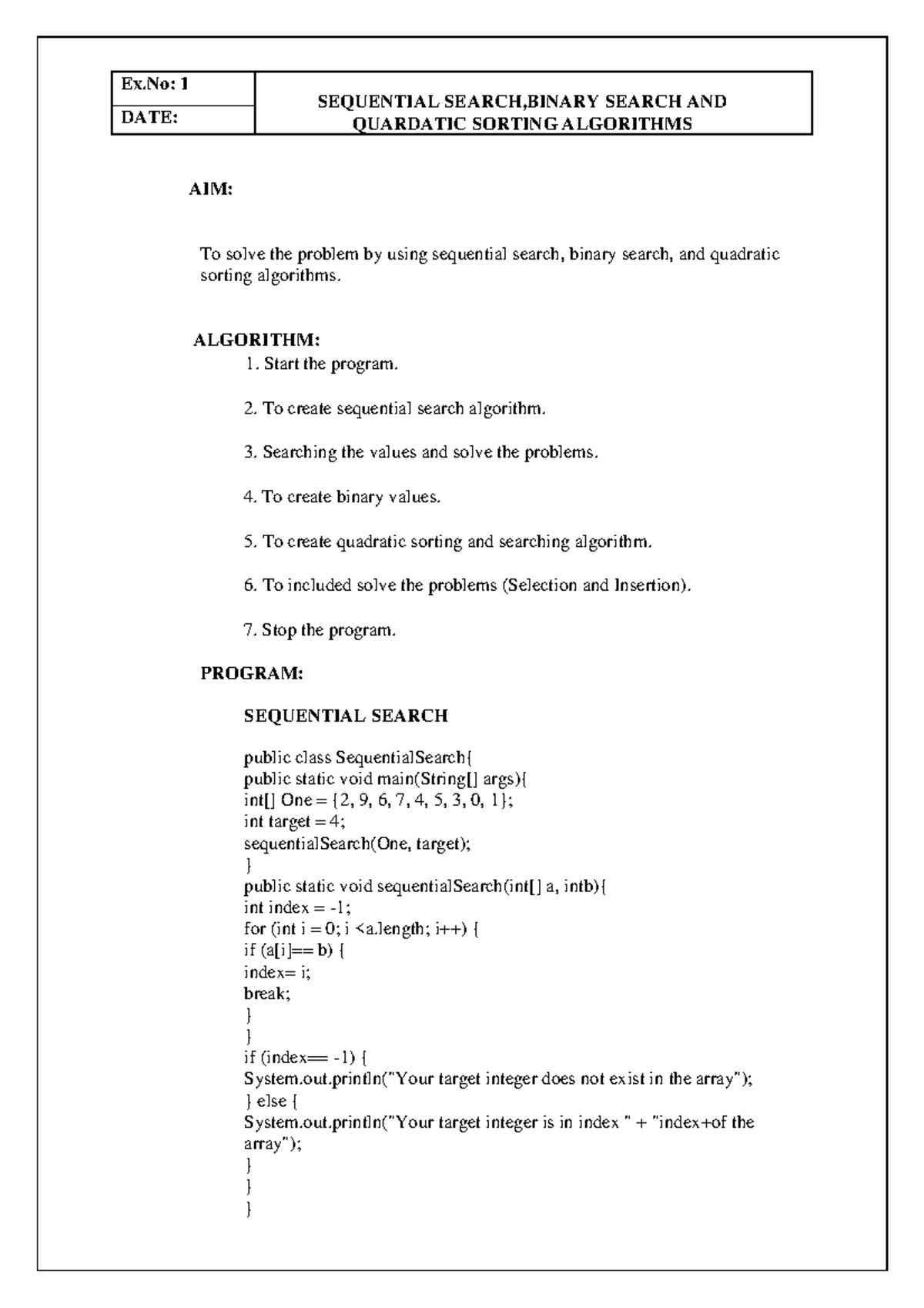OOPS LAB Manual: Sequential & Binary Search, Stack & Queue Implementation - Studocu