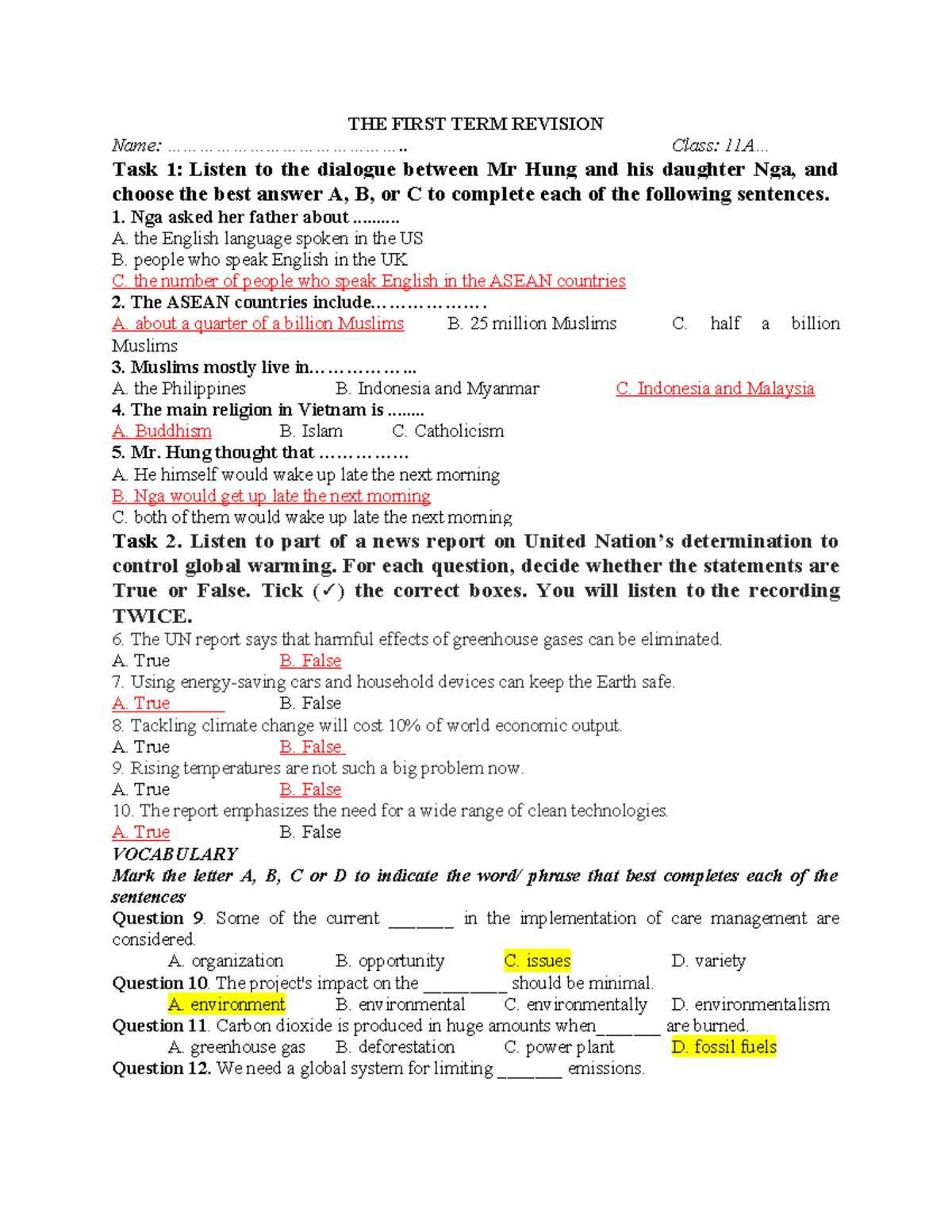 ENG101: First Term Revision Notes on Listening, Vocabulary, and Grammar ...