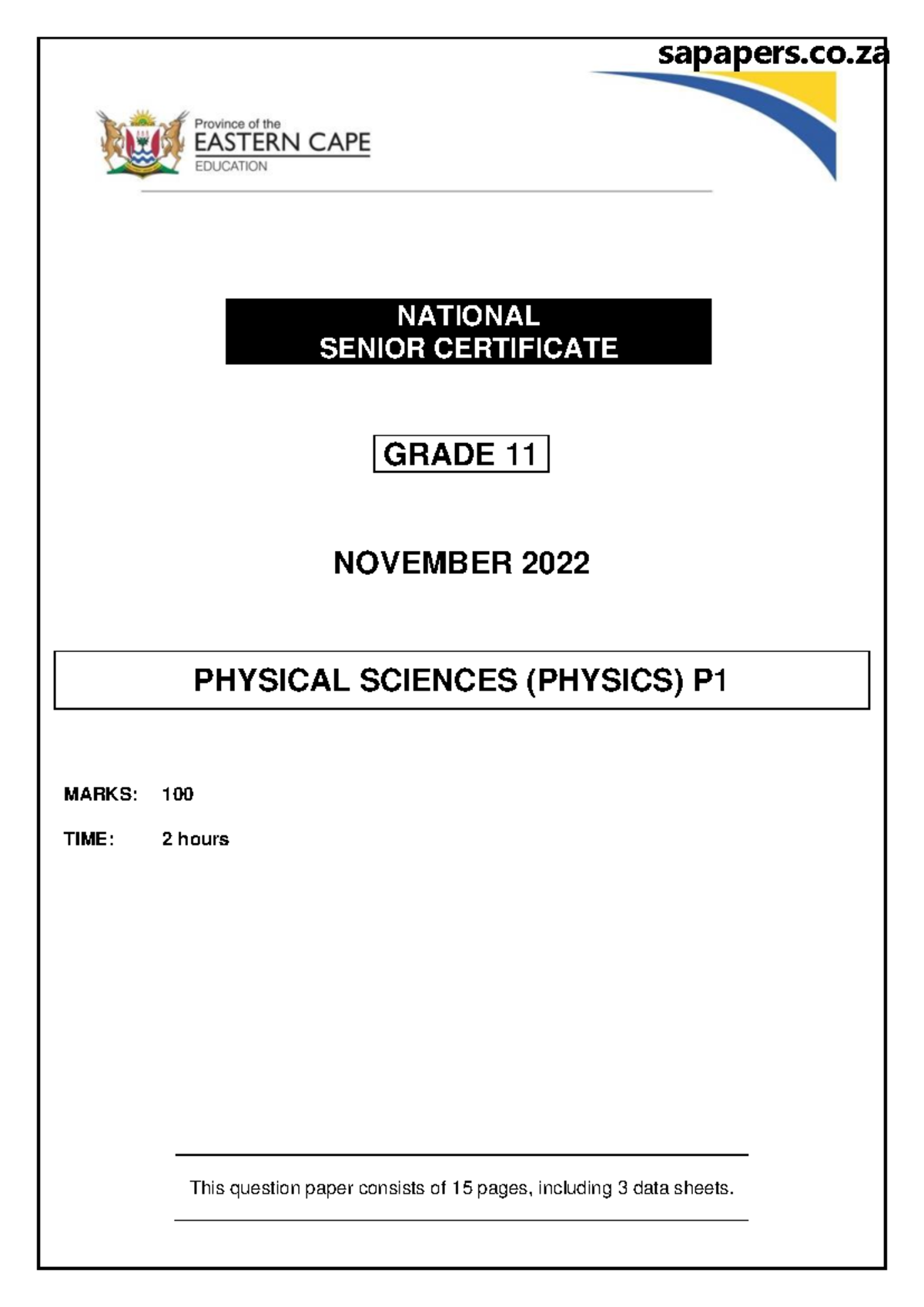 Physical Sciences P1 November 2022 Question Paper - Studocu