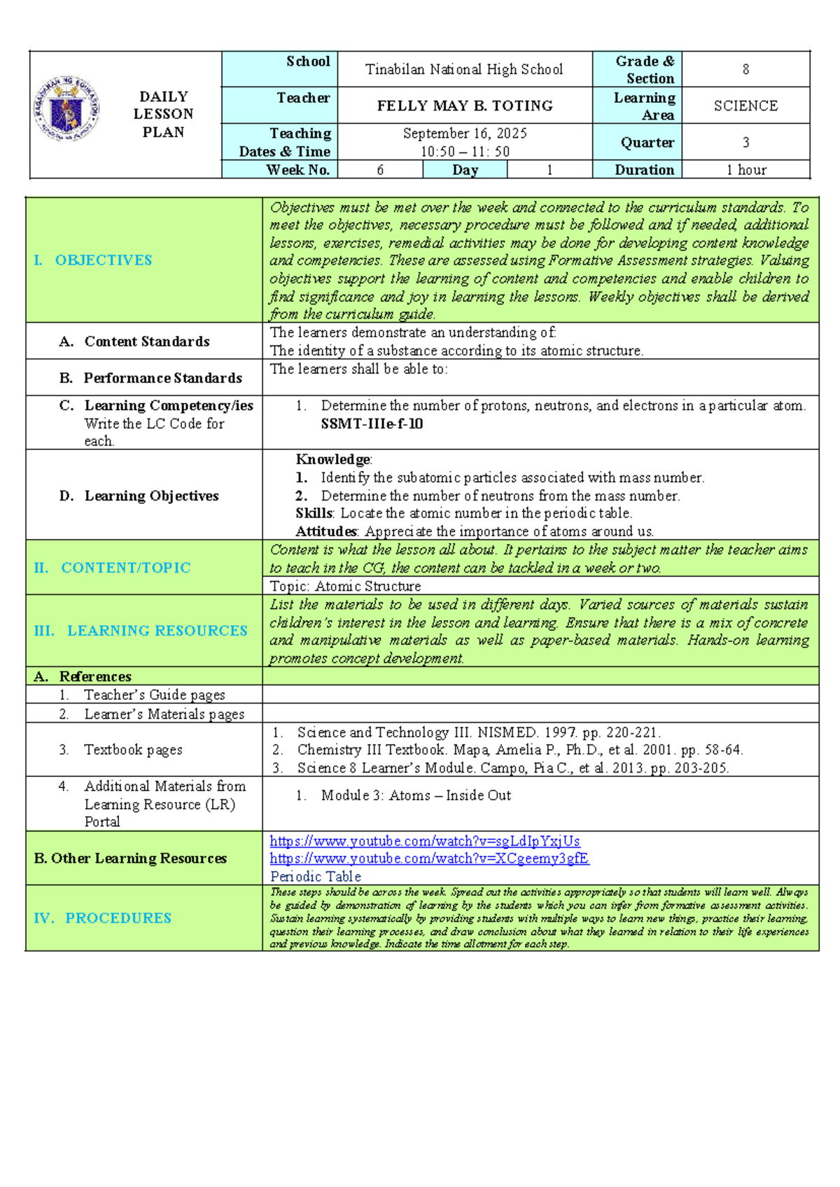 Science 8 DLP: Weekly Lesson Plan on Atomic Structure - Studocu