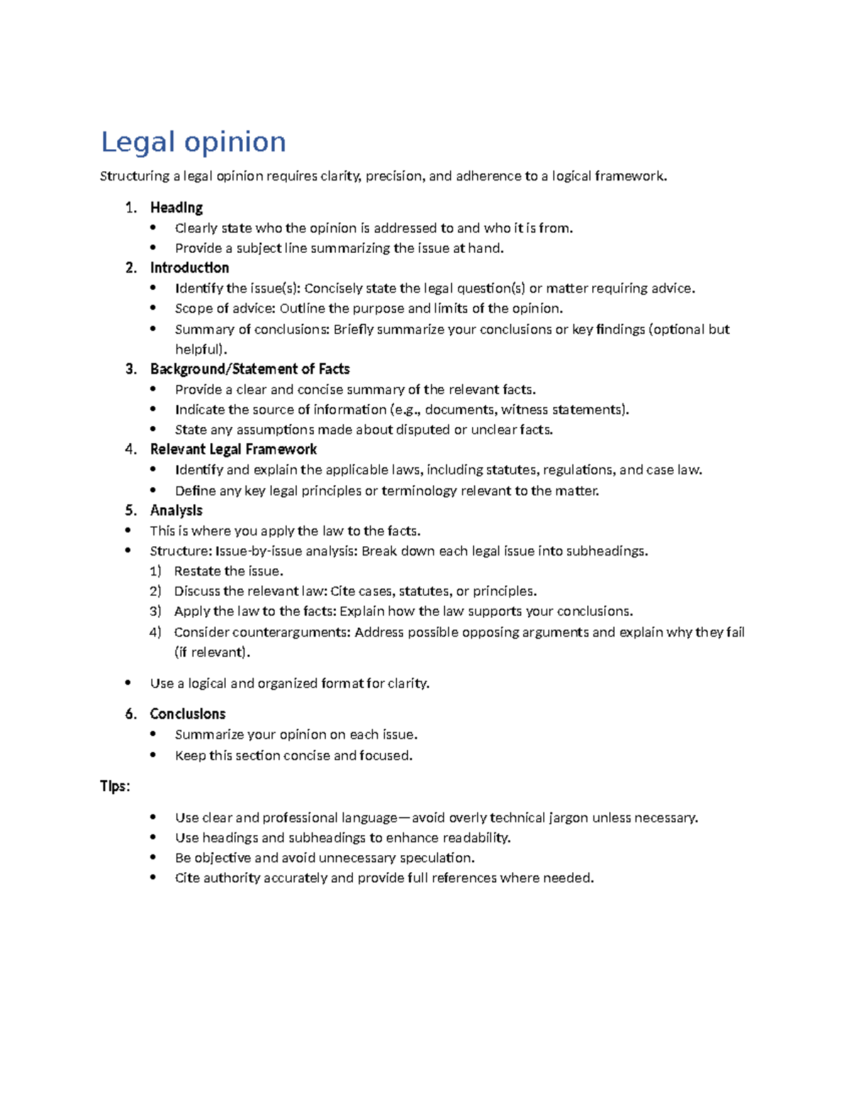 Legal opinion - notas - Legal opinion Structuring a legal opinion ...