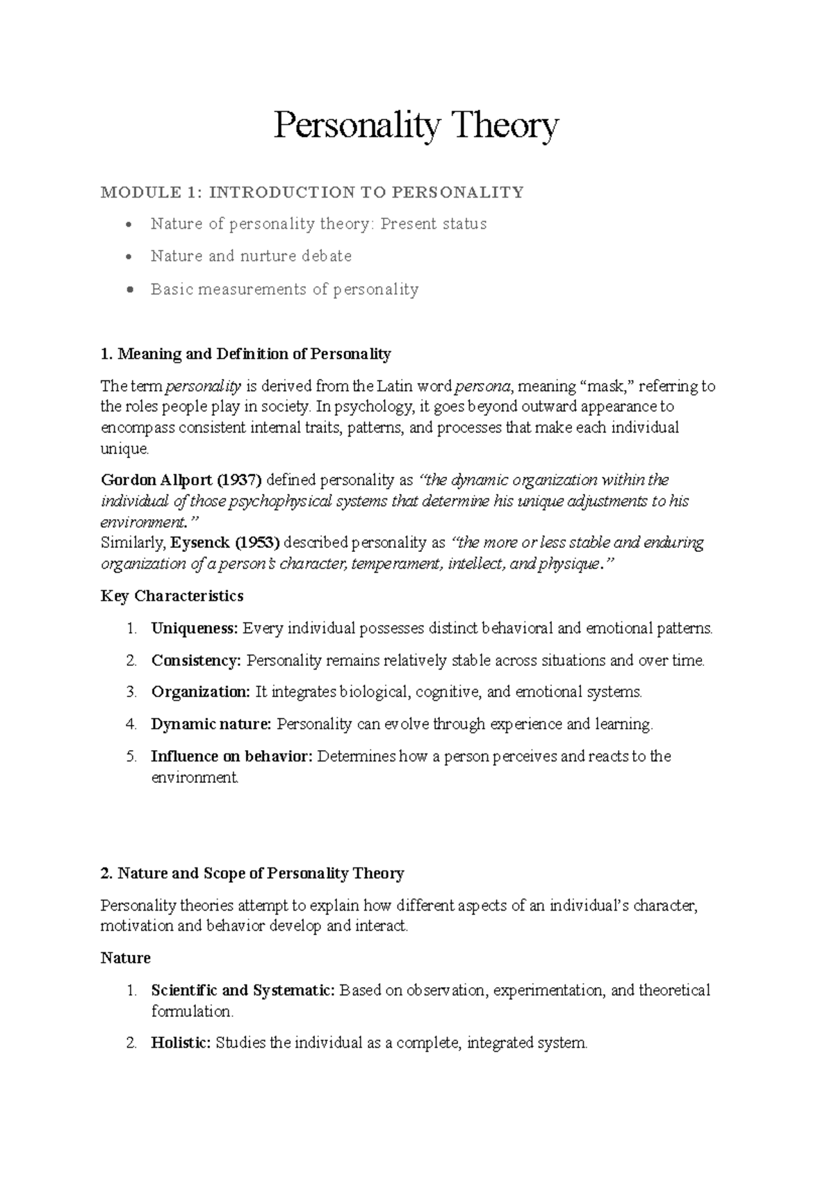 Personality Theory: Module 1 - Introduction to Personality - Studocu