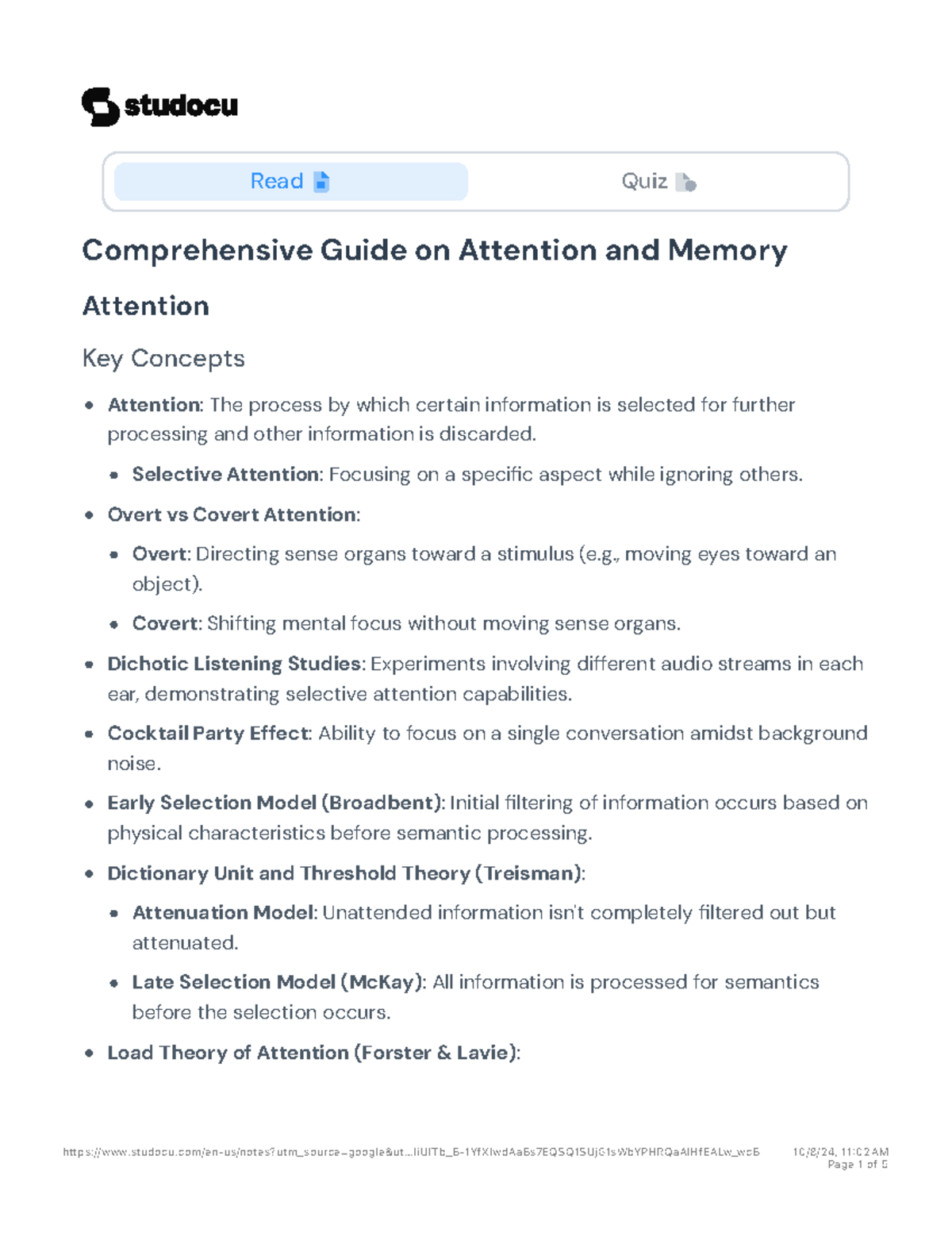 Comprehensive Study Notes: Attention & Memory Processes (PSY 101) - Studocu
