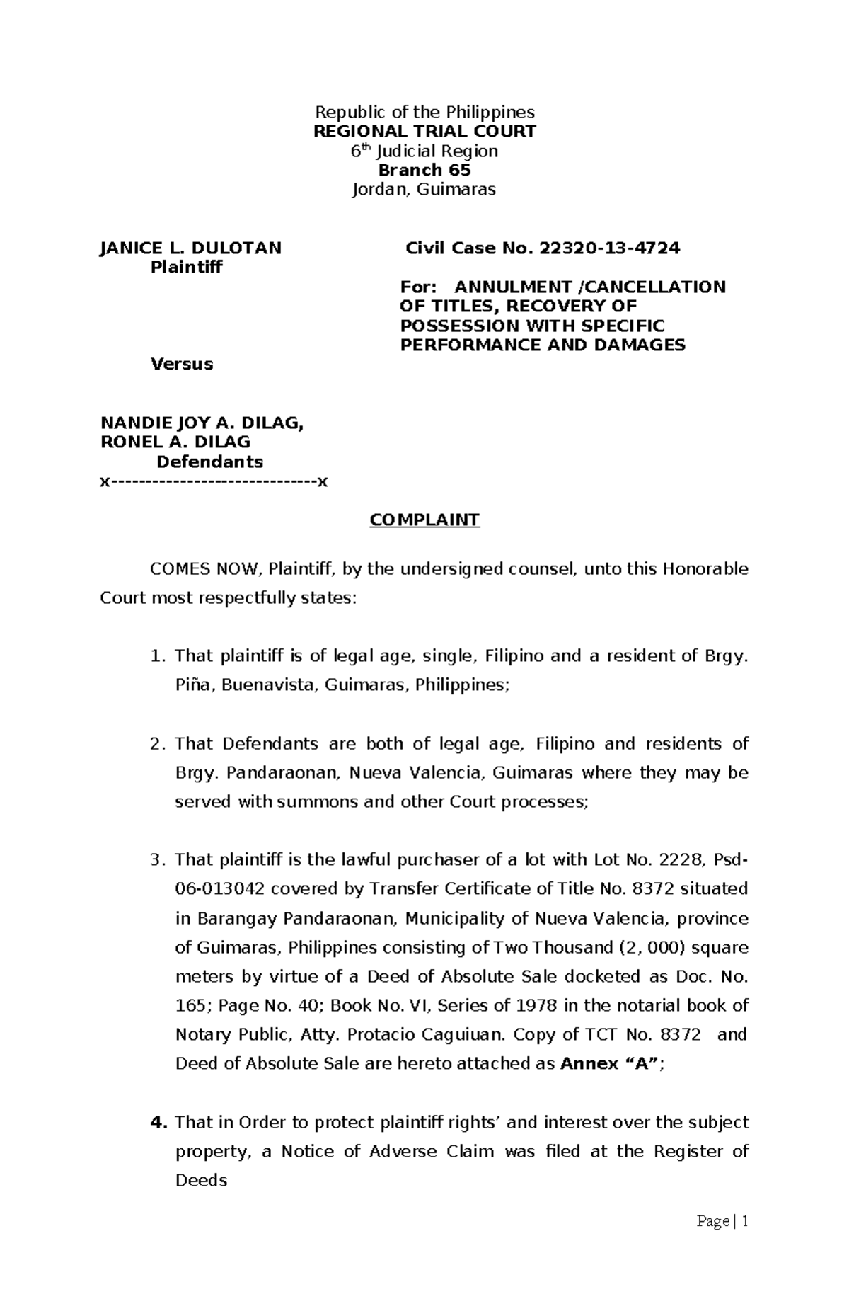 Civil Case No. for Annulment of Title: Dulotan vs. Dilag - Studocu