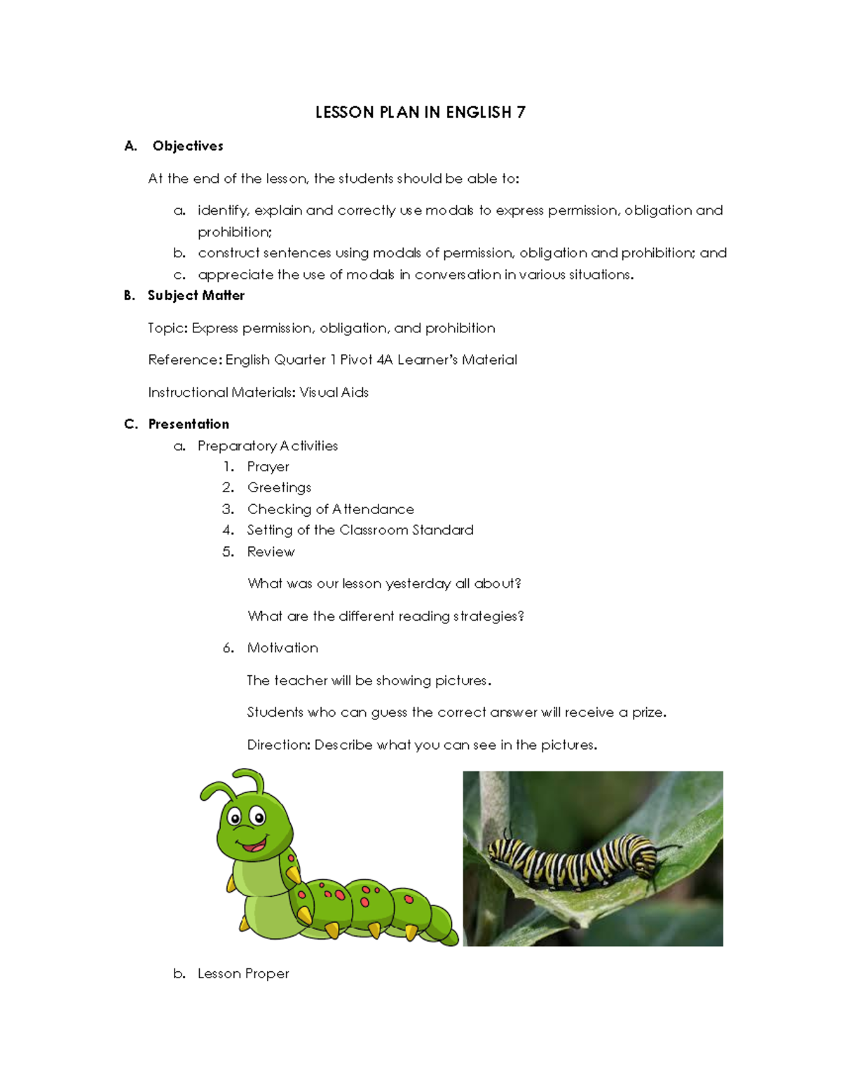 English 7 Lesson Plan: Exploring Modals & "The Caterpillar" Poem - Studocu