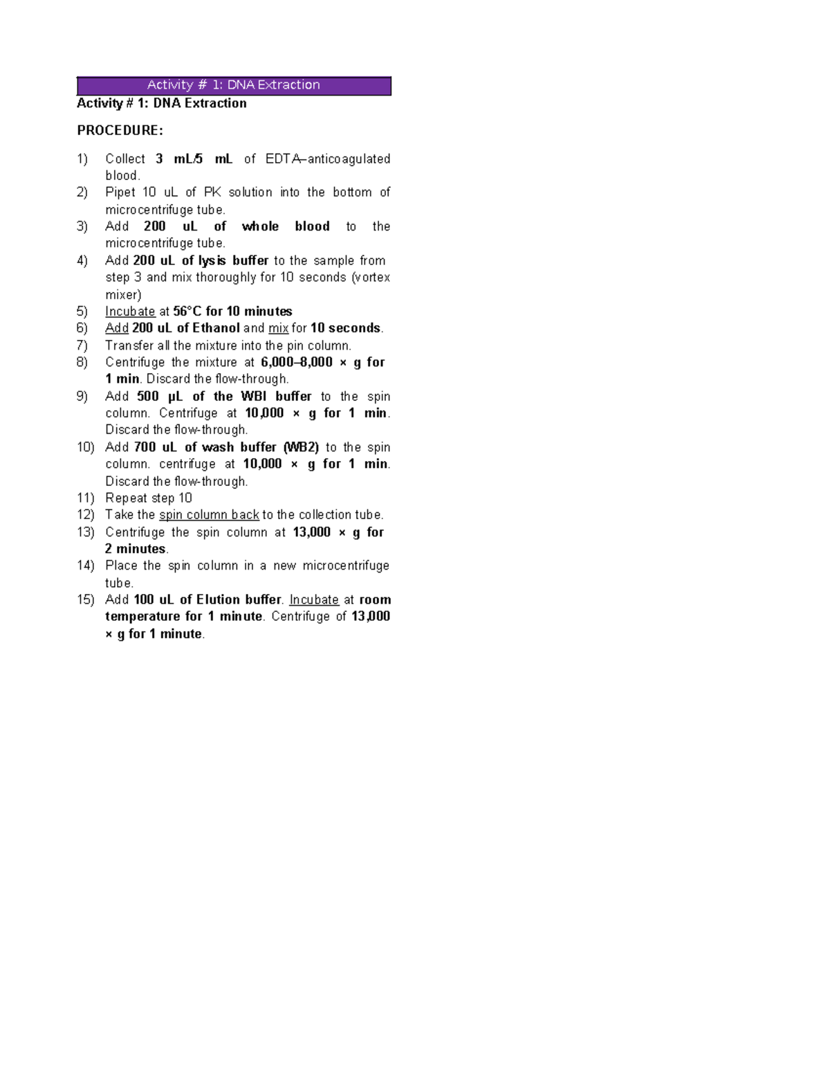 DNA Extraction Procedure Summary: Activity 1 - Studocu