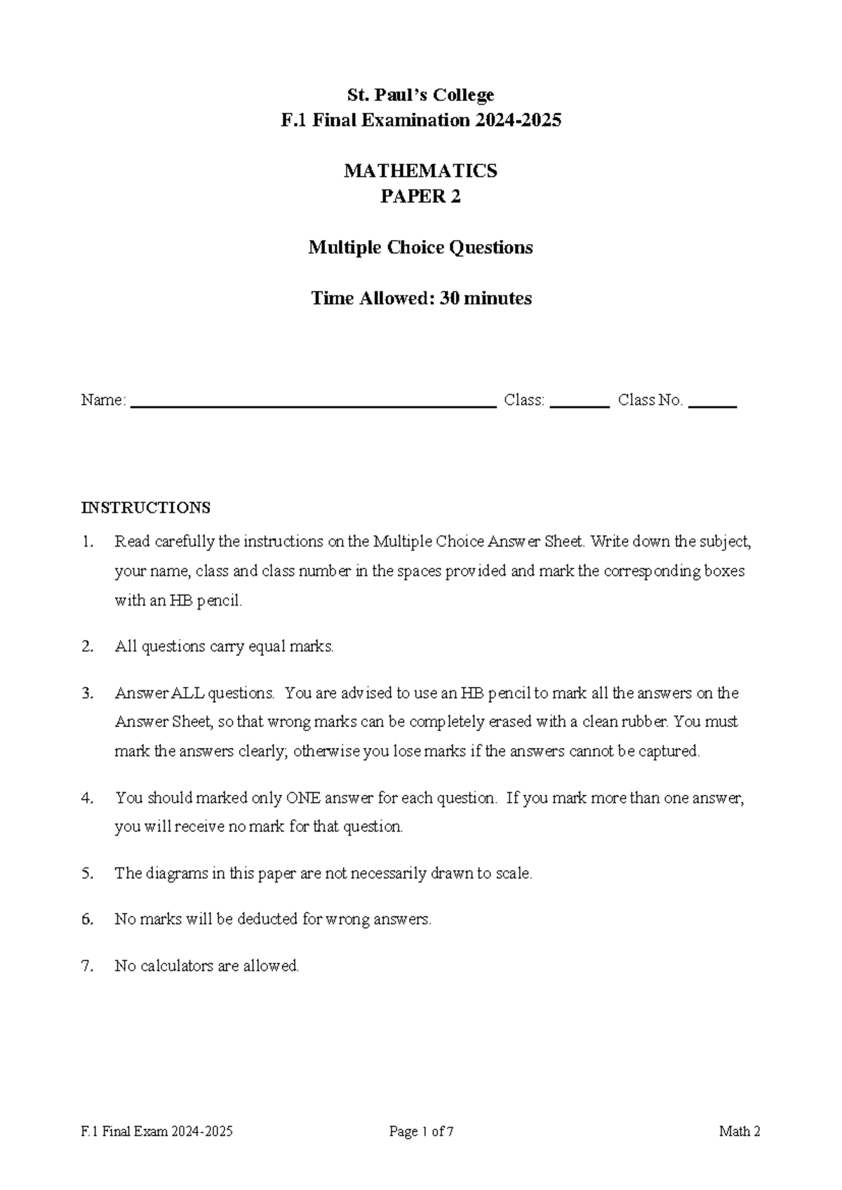 St. College F.1 Final Exam Mathematics Paper 2 MCQs - Studocu