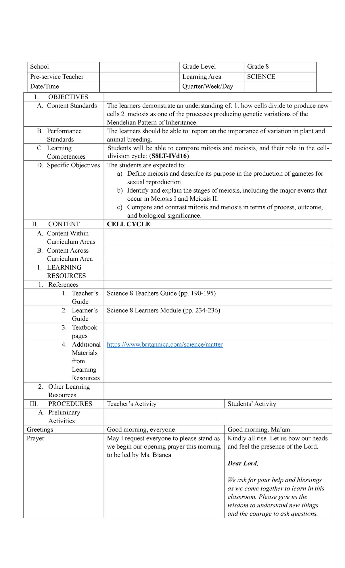 Grade 8 Science: Mitosis & Meiosis Lesson Plan and Activities - Studocu