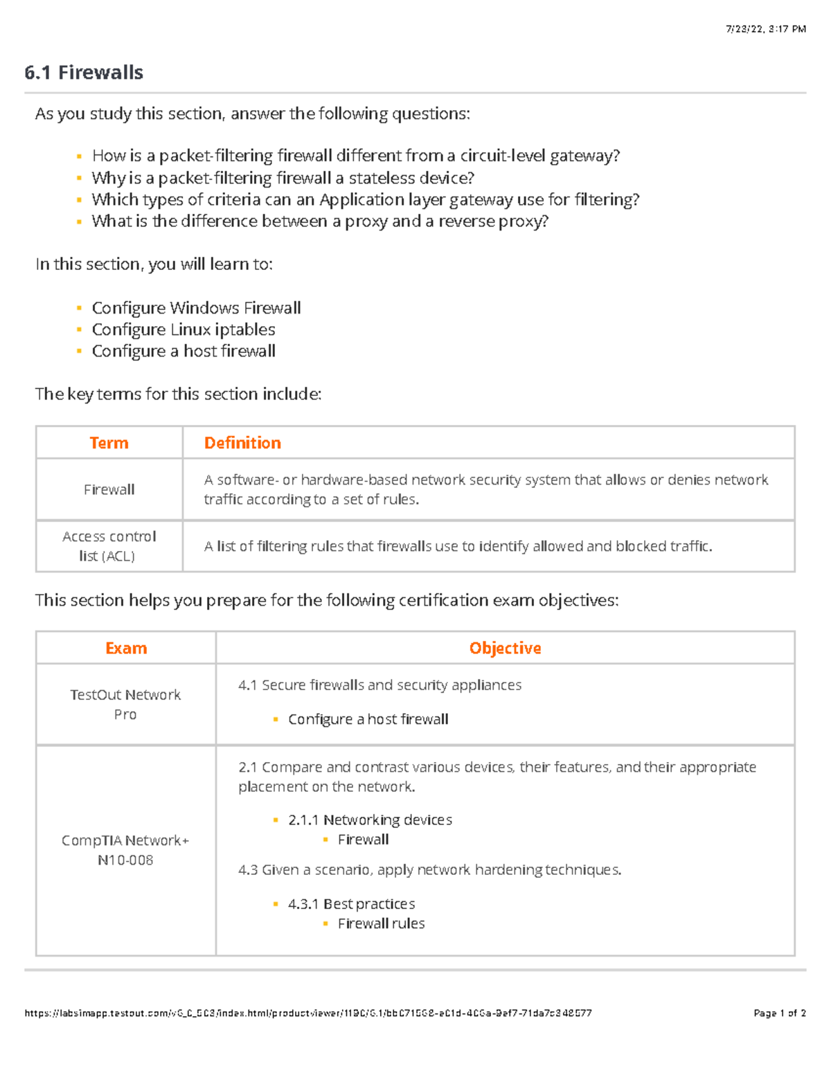 6 - Firewalls - Chapter Objectives - 7/23/22, 3:17 PM - Studocu