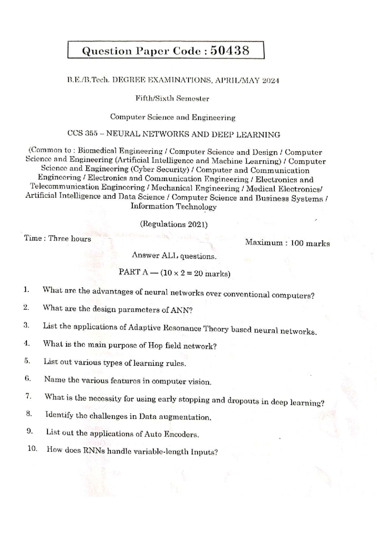 CCS 355 Neural Networks and Deep Learning Exam Paper 2024 - Studocu