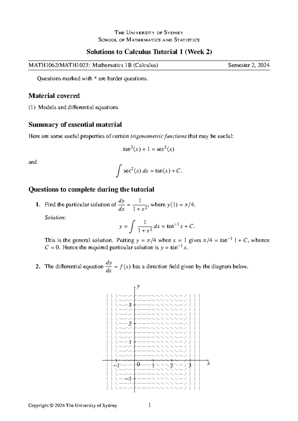 Mathematics 1B (Calculus) Semester 2, 2024: Tutorial 1 Solutions - Studocu