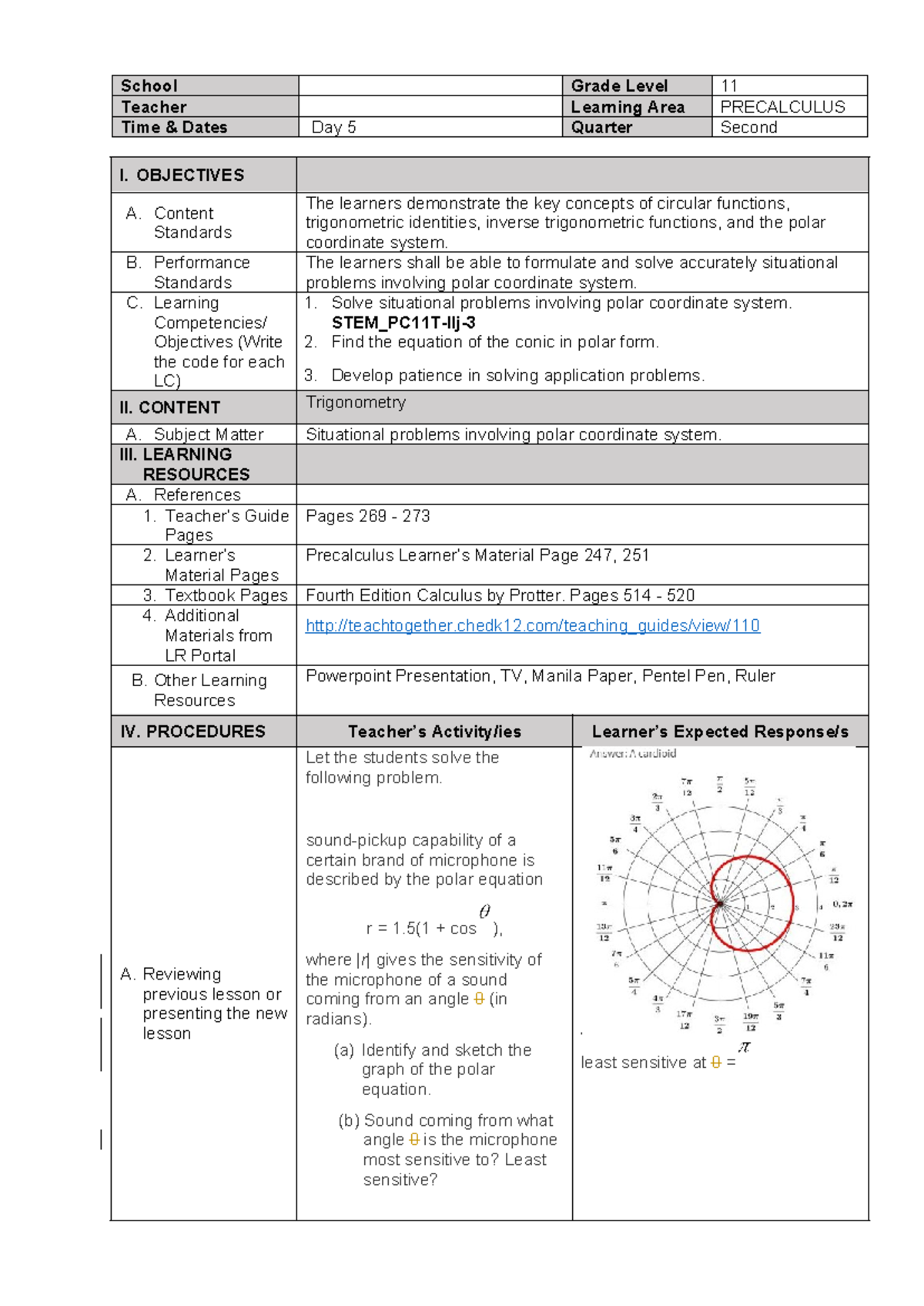Day 5-2 - School Grade Level 11 Teacher Learning Area PRECALCULUS Time ...