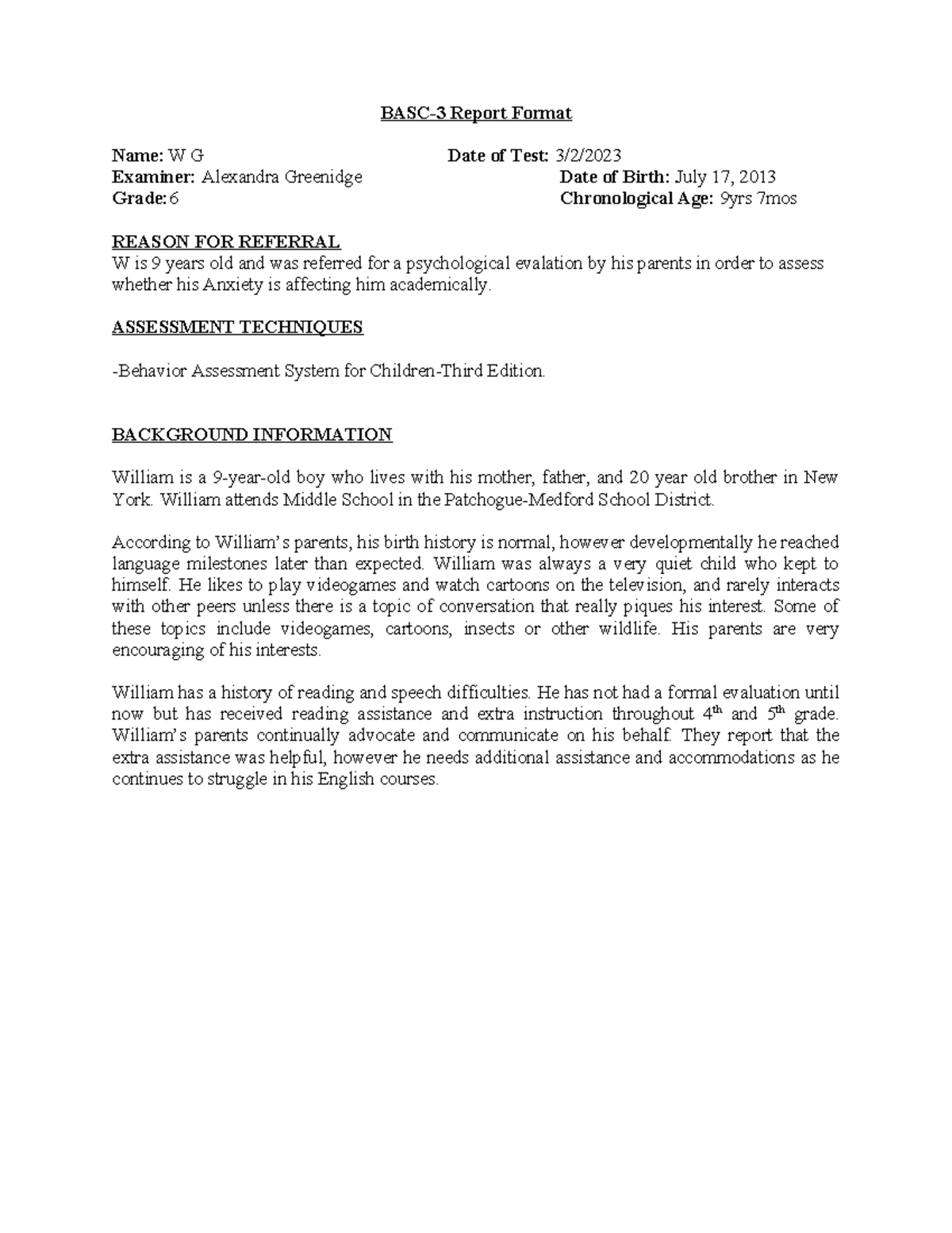 WG-BASC Psychological Evaluation Report for Student W - Studocu