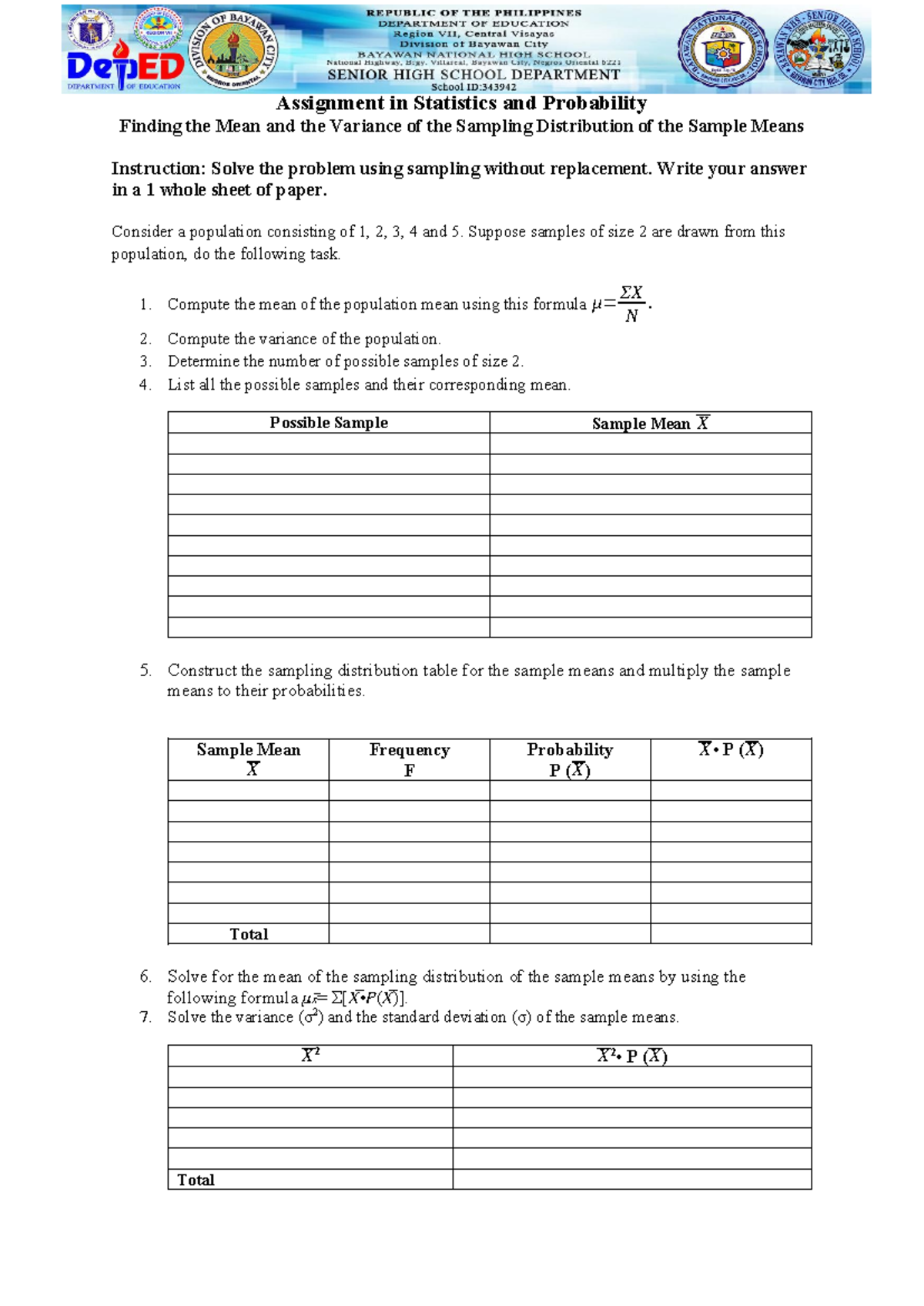 Stat & Prob Assignment: Mean & Variance of Sampling Distribution - Studocu