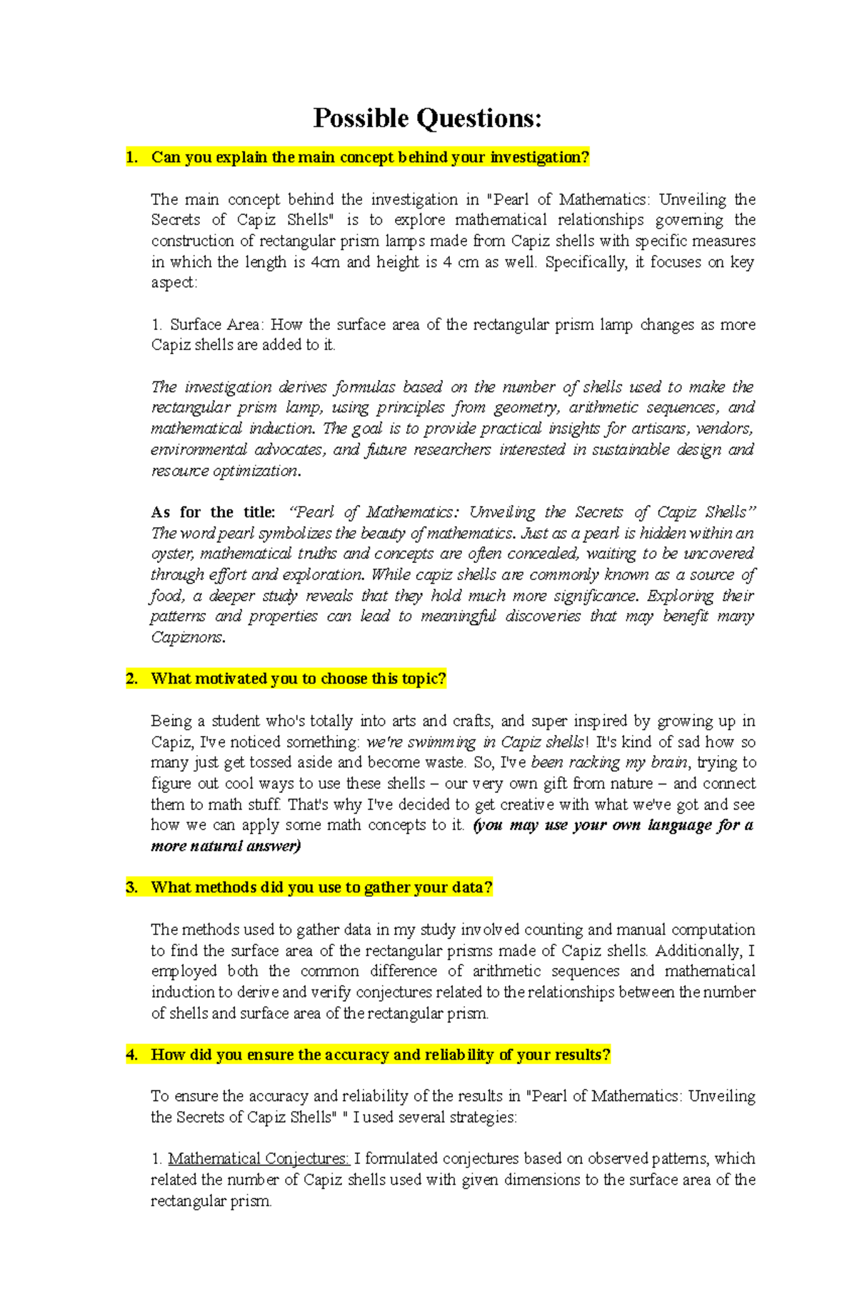 Mathematics Investigation: Capiz Shells & Surface Area Analysis - Studocu