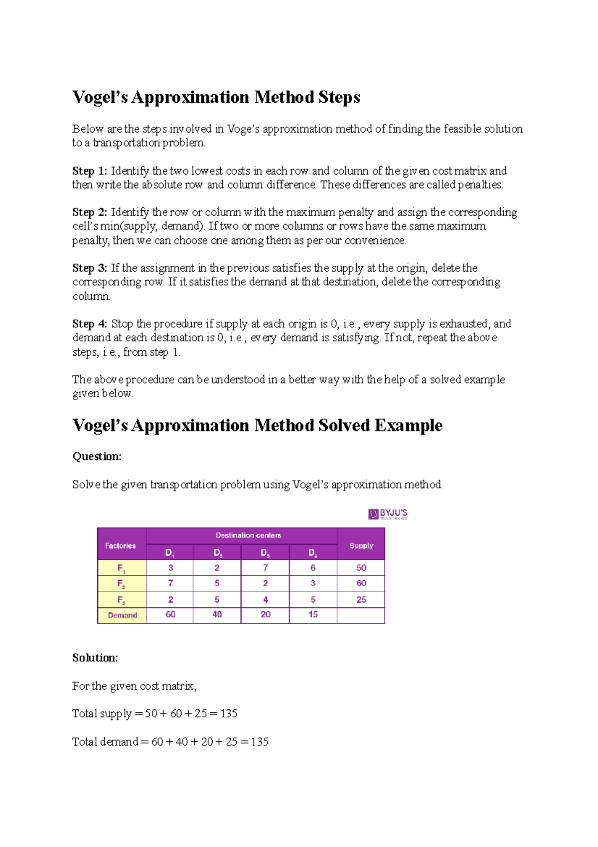Vogel's Approximation Method: Steps & Solved Example for TP - Studocu
