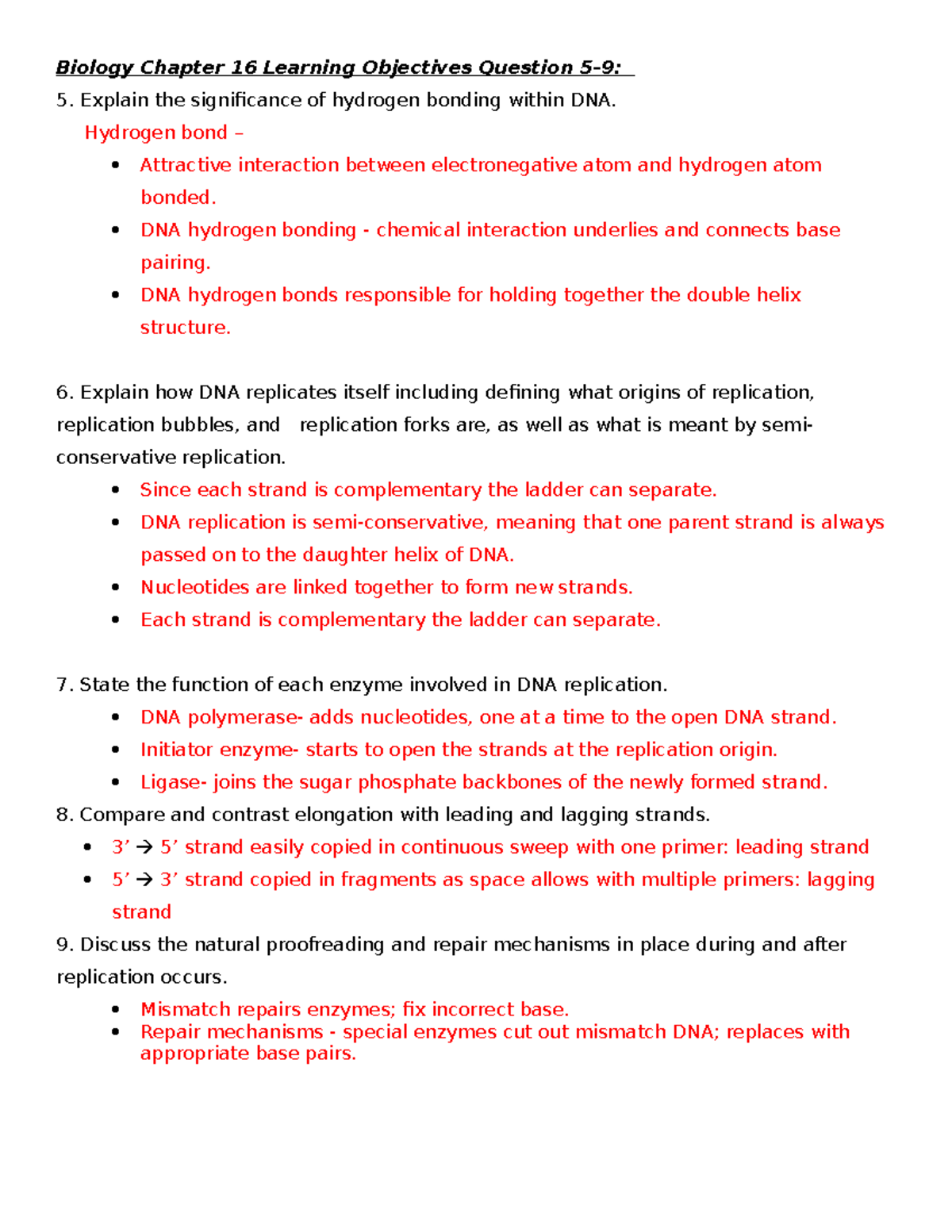 Biology - Chapter 16 Learning Objectives Q5-9: DNA Structure ...
