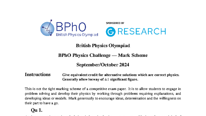 2024 BPhO Physics Challenge Mark Scheme & Solutions - Studocu