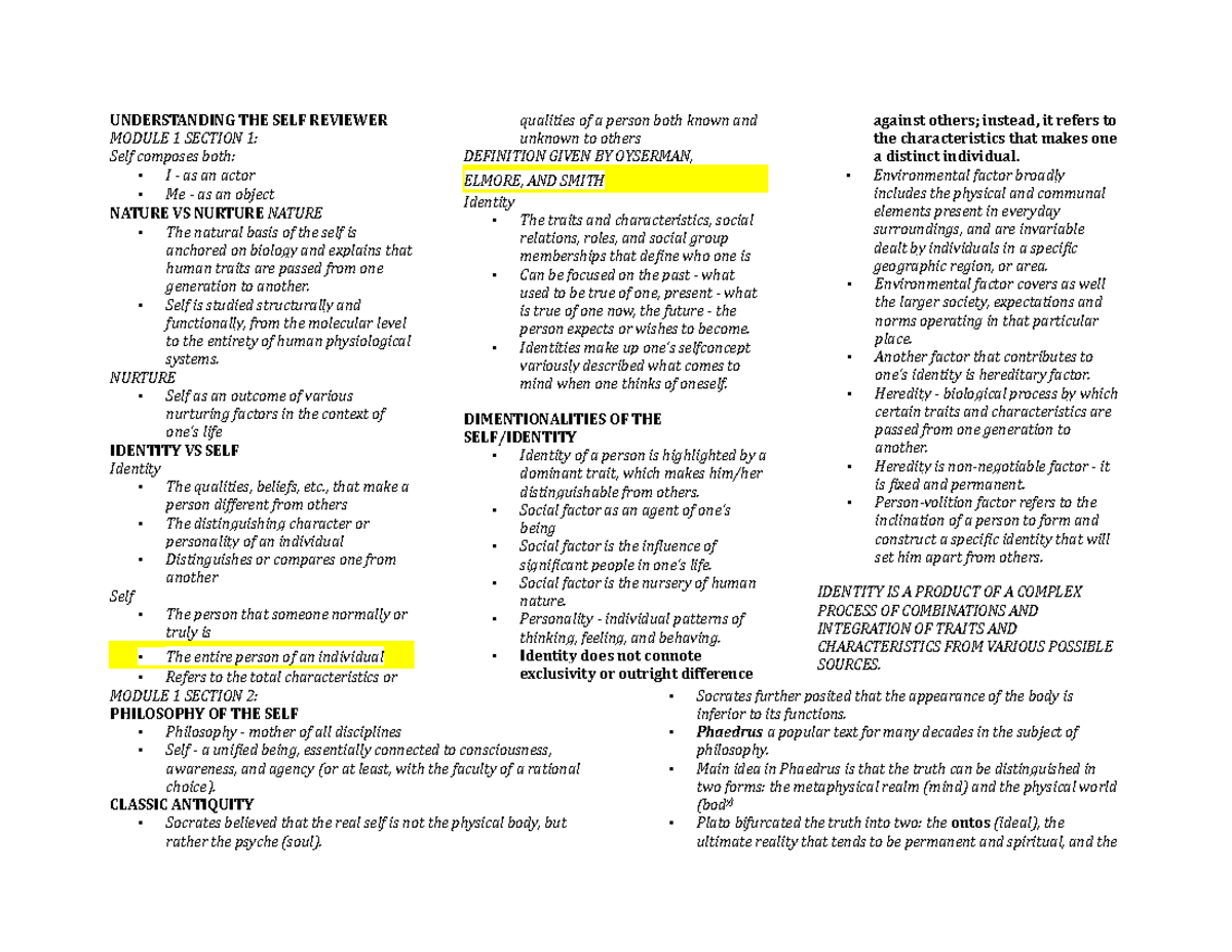 Understanding the self - UNDERSTANDING THE SELF REVIEWER MODULE 1 ...