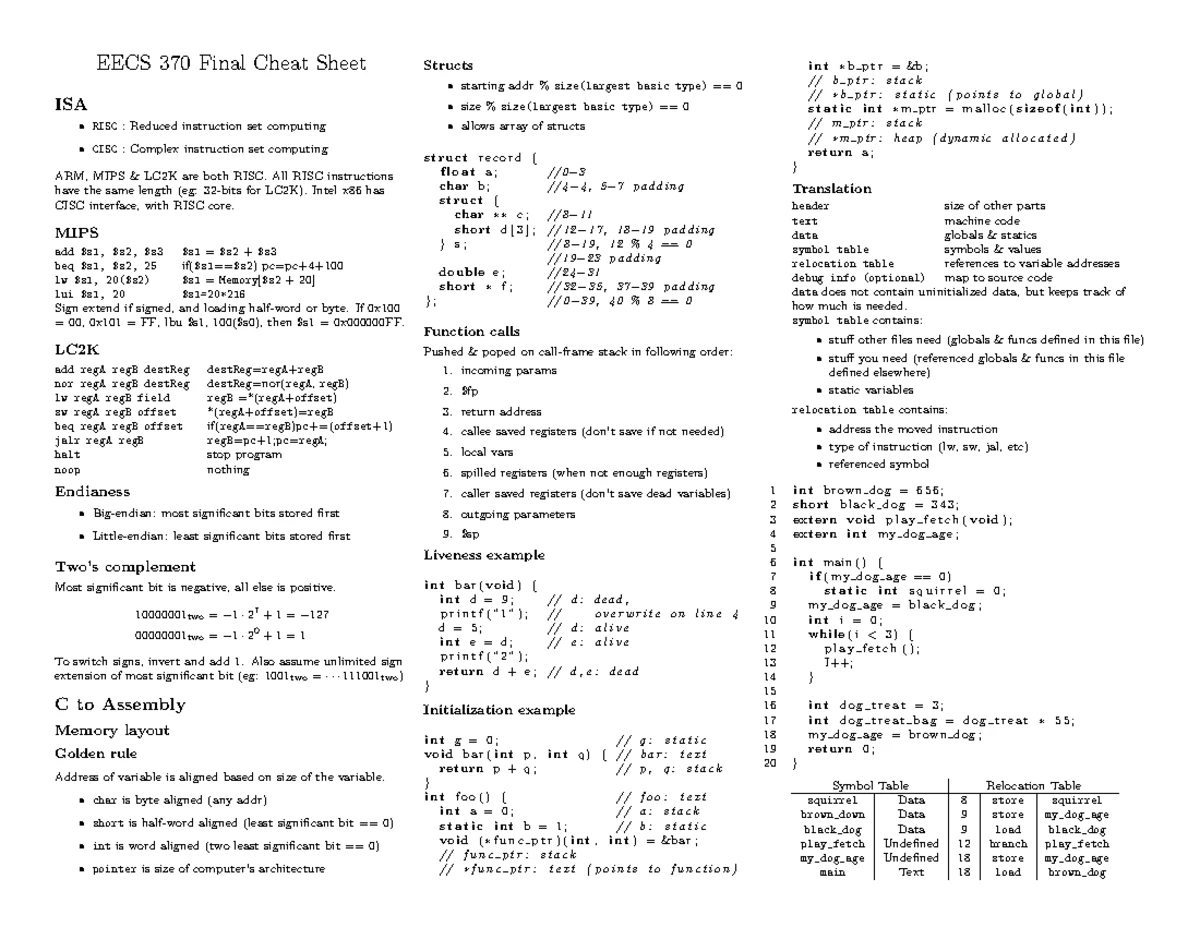 370 Final Exam Cheat Sheet - Summary on Computer Organization - Studocu