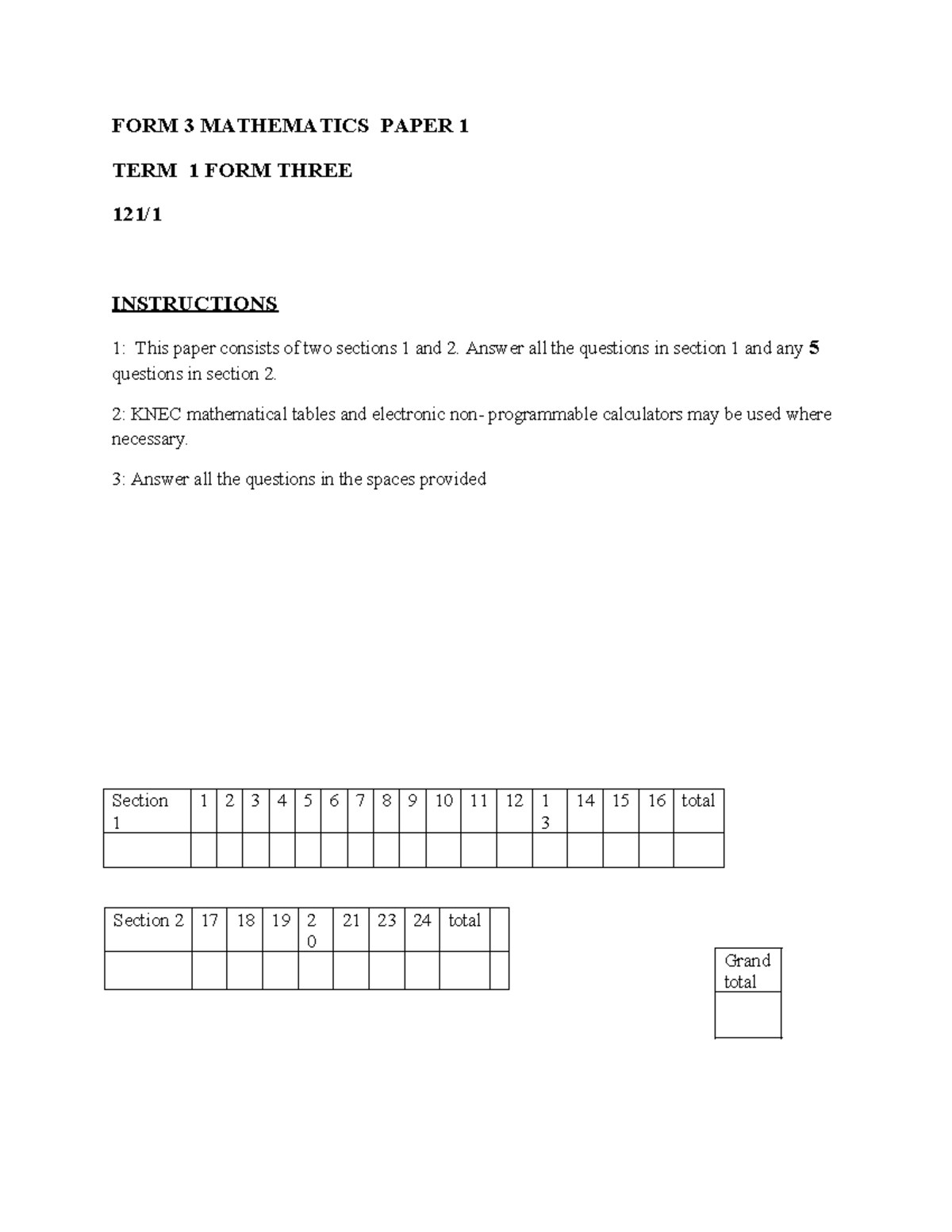 FORM 3 MATHEMATICS PAPER 1 TERM 1 EXAMINATION QUESTIONS - Studocu