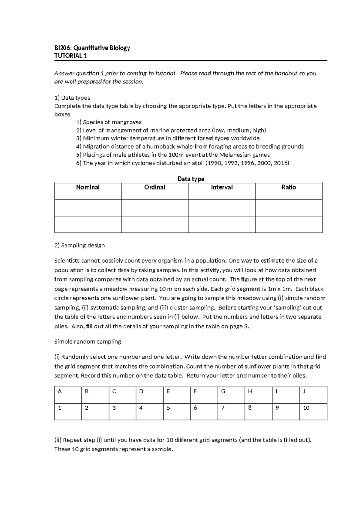 BI206: Quantitative Biology Tutorial 1 - Data Types & Sampling Methods ...