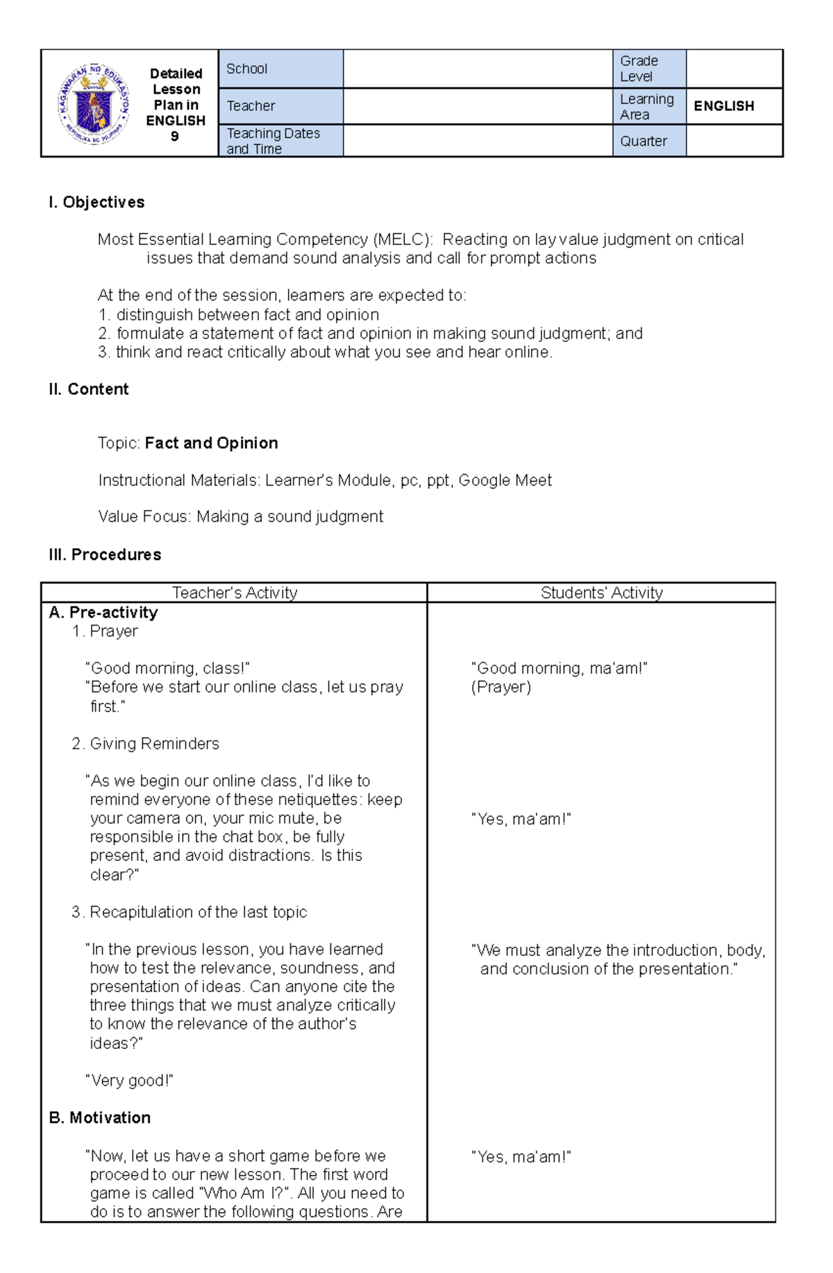 Detailed Lesson Plan - Fact vs. Opinion in English 9 - Studocu