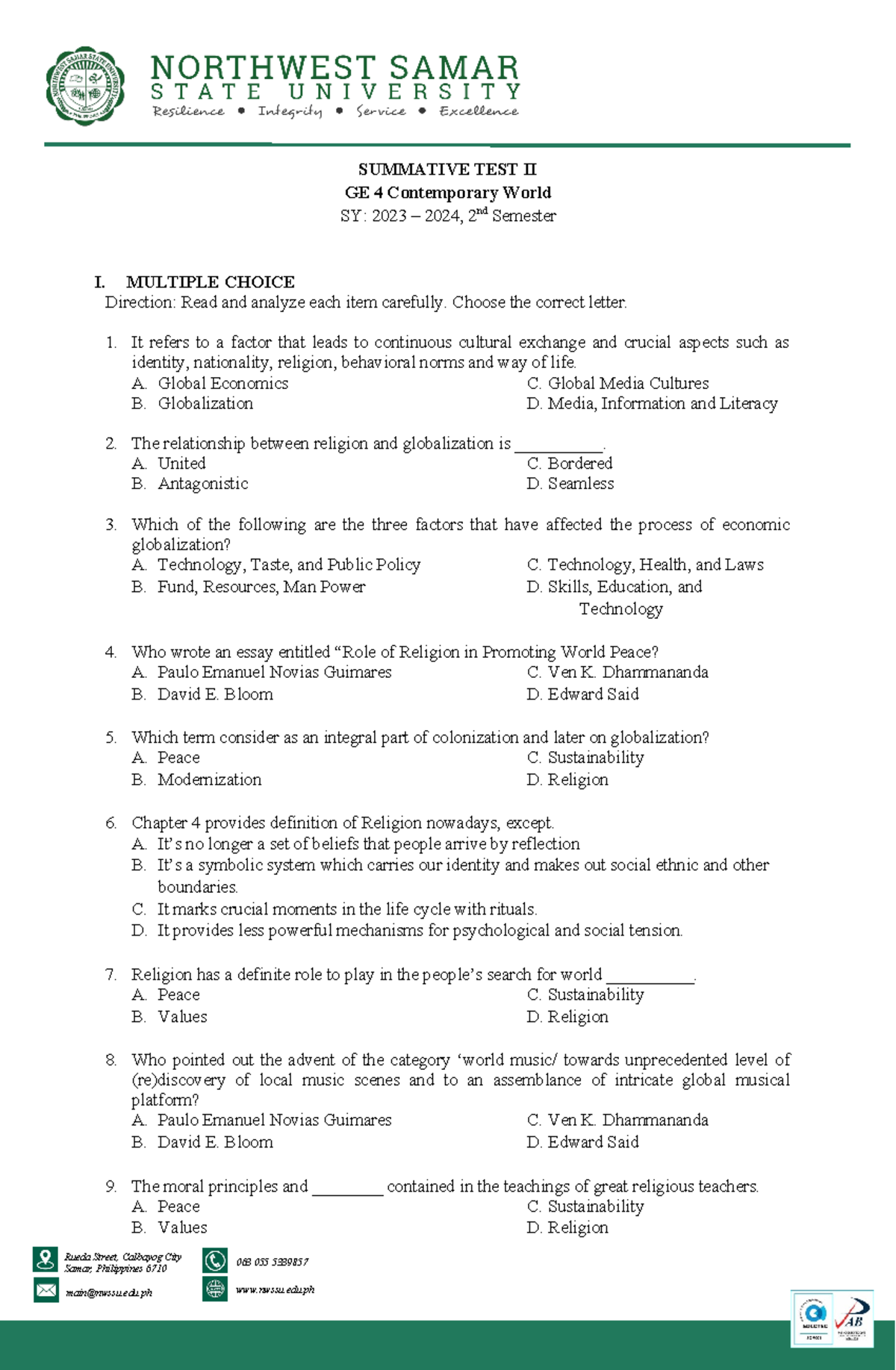 Finals Contemporary World Summative Test II - Rueda Street, Calbayog ...