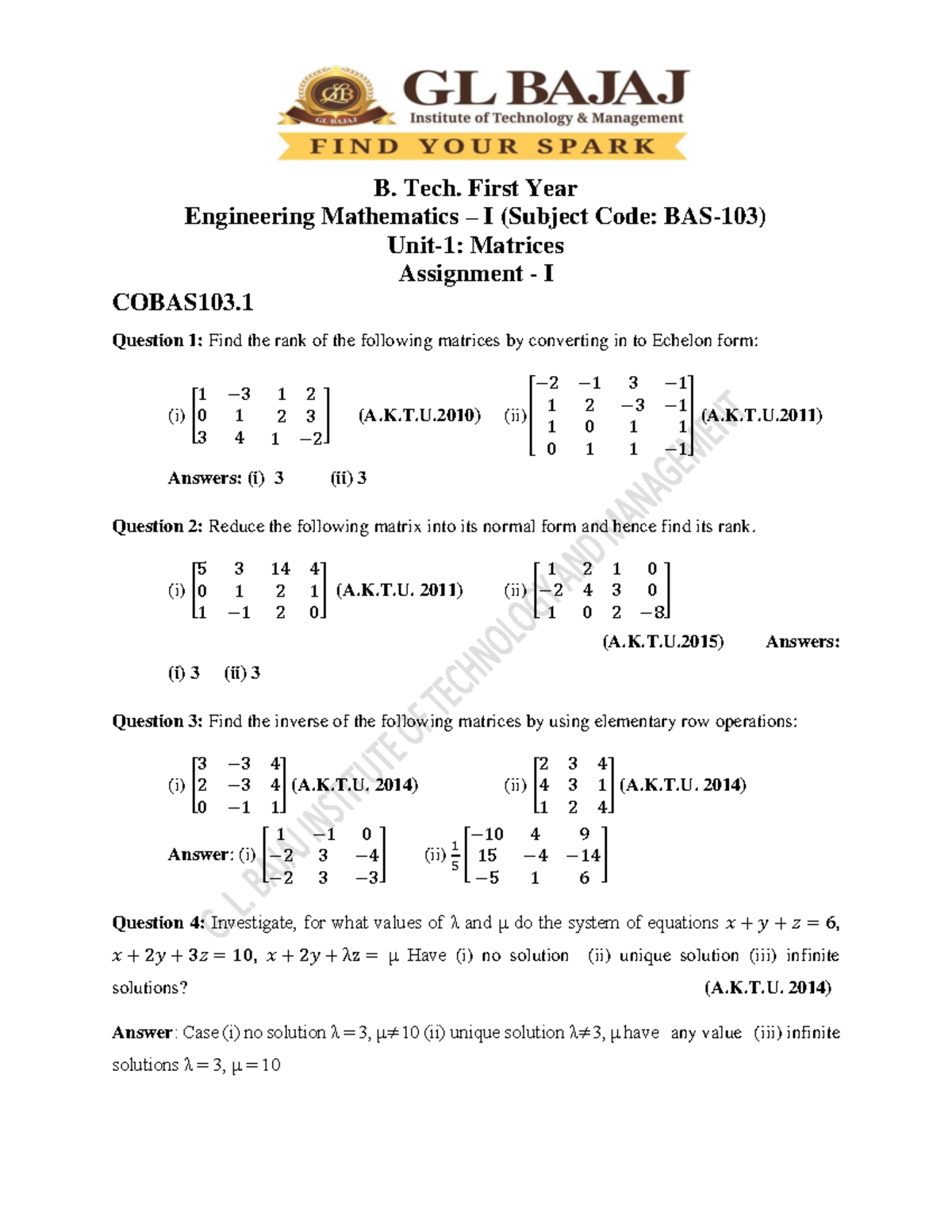 Assignment 1 & Tutorial (Unit I) - Matrices (BAS-103) 2022-23 - Studocu
