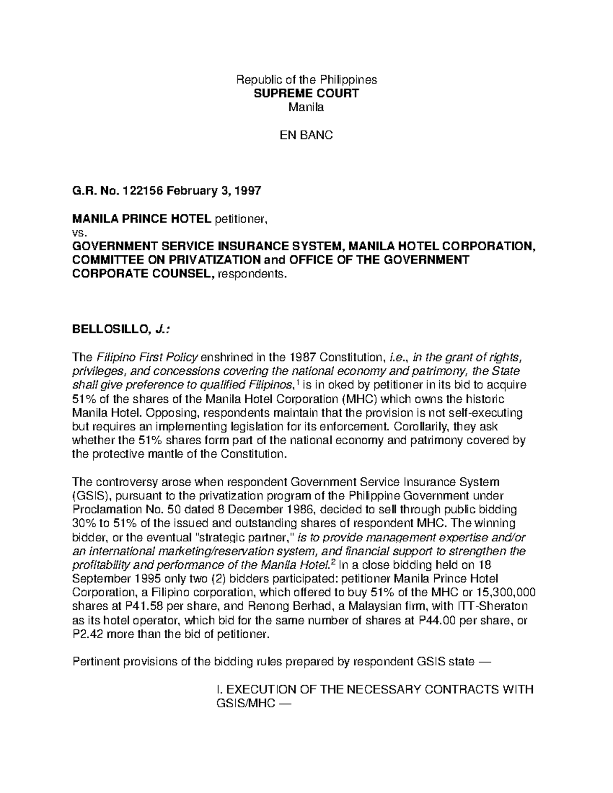 Manila Prince Hotel v. GSIS: Filipino First Policy & National Patrimony ...
