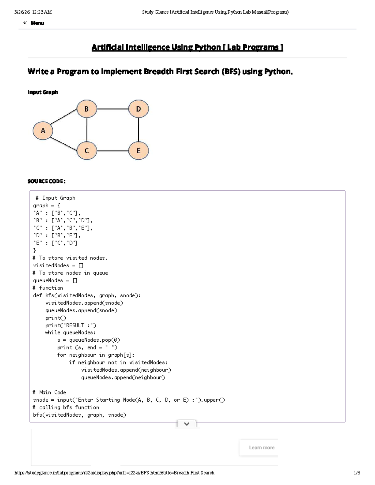 AI Python Lab Manual: BFS Implementation Guide - Studocu