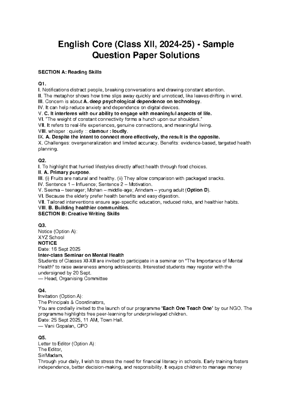 English Core (Class XII, Sample Question Paper Solutions) - Studocu