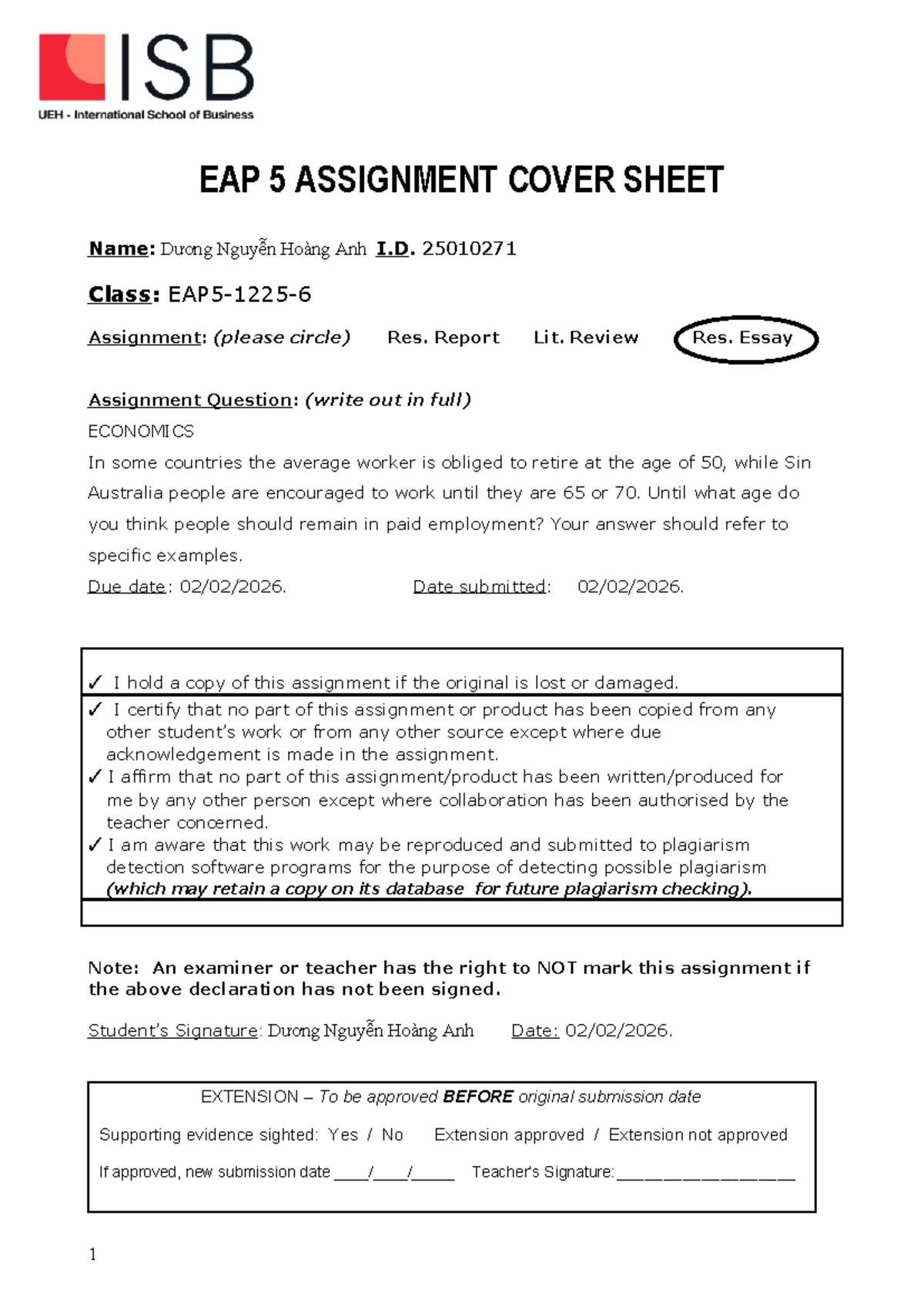 EAP5-1225-6 Research Essay: Retirement Age and Economic Impacts - Studocu