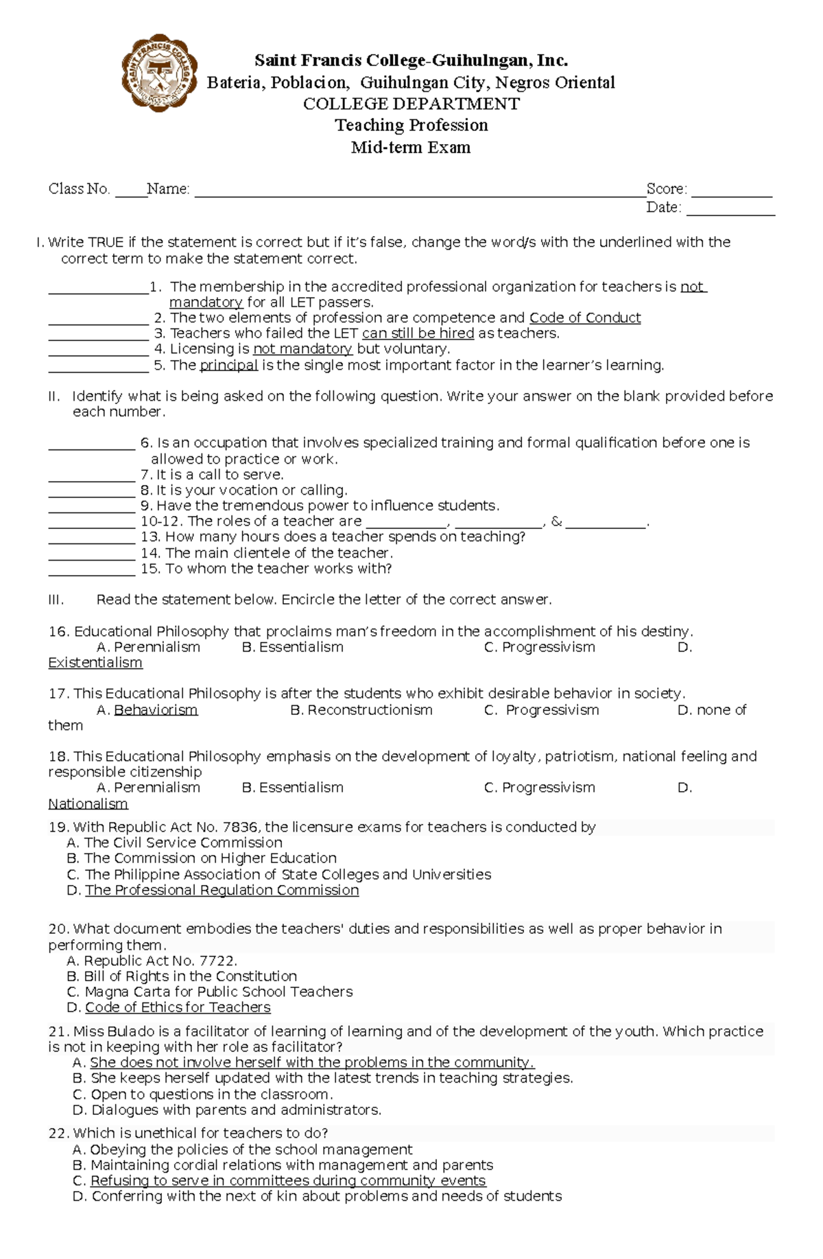 Midterm Exam Review: Teaching Profession (TCH-101) - Studocu