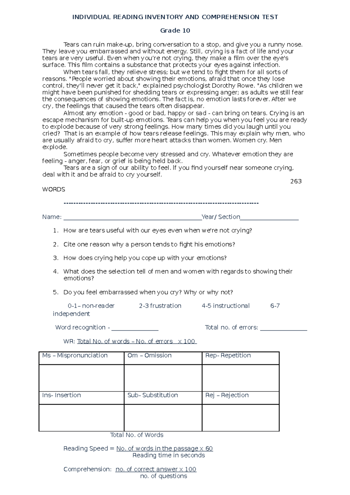 Grade 10 Individual Reading Inventory & Comprehension Test - Studocu