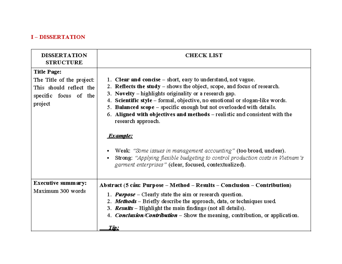 Dissertation Structure Checklist: Key Components and Guidelines - Studocu