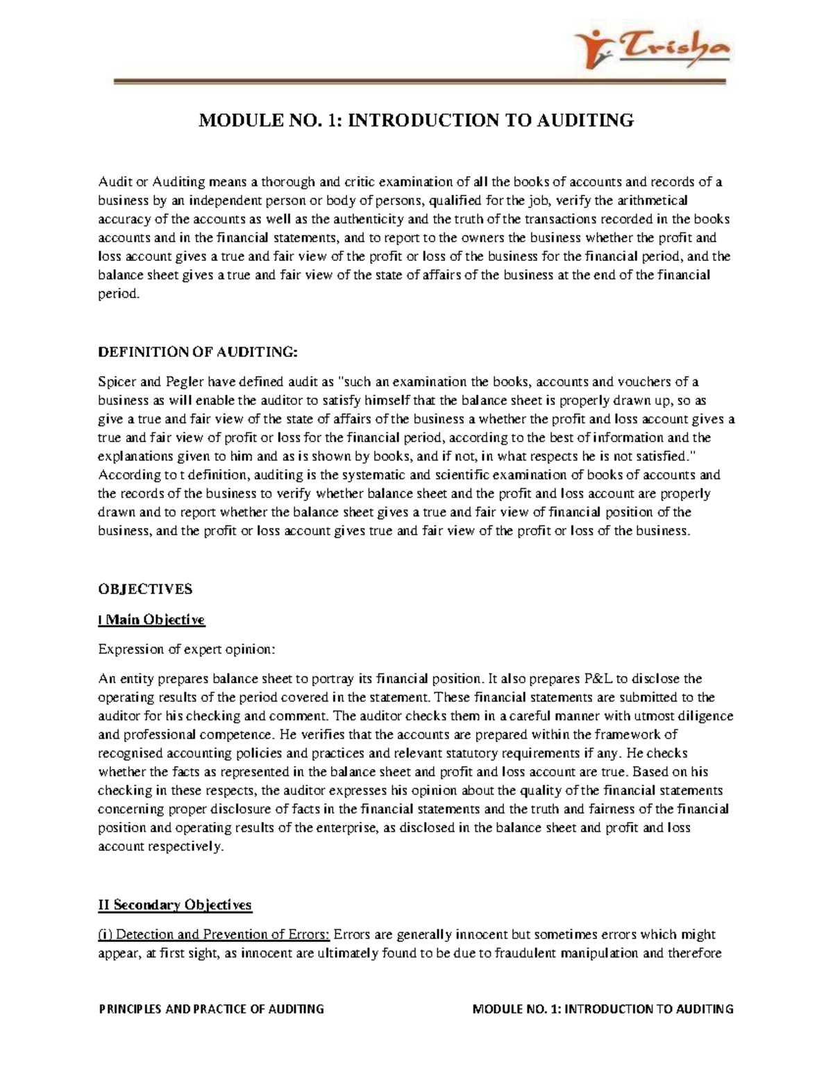 C1: MODULE 1 - INTRODUCTION TO AUDITING Principles and Practices - Studocu