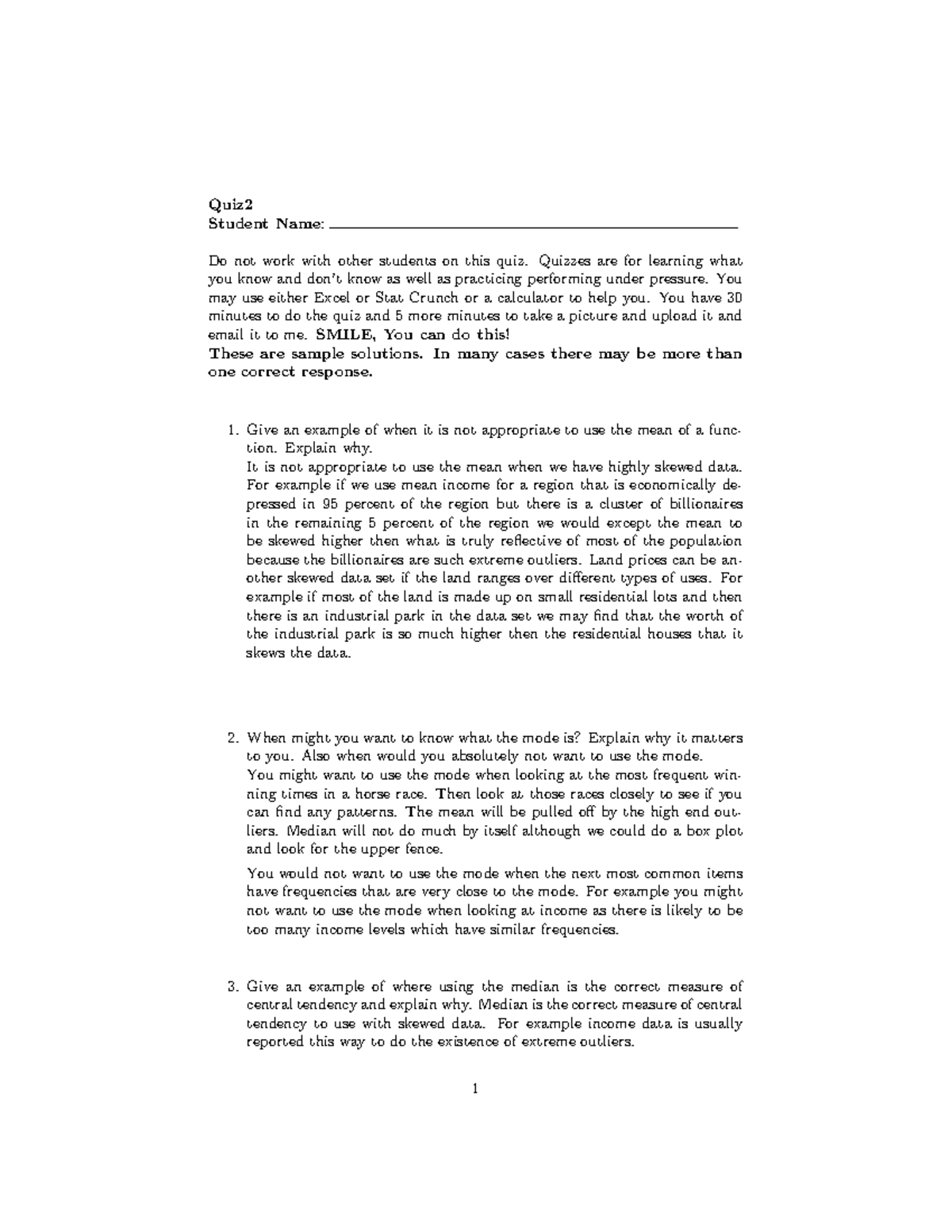 Math108 Quiz 2 Sample Solutions: Understanding Central Tendency - Studocu