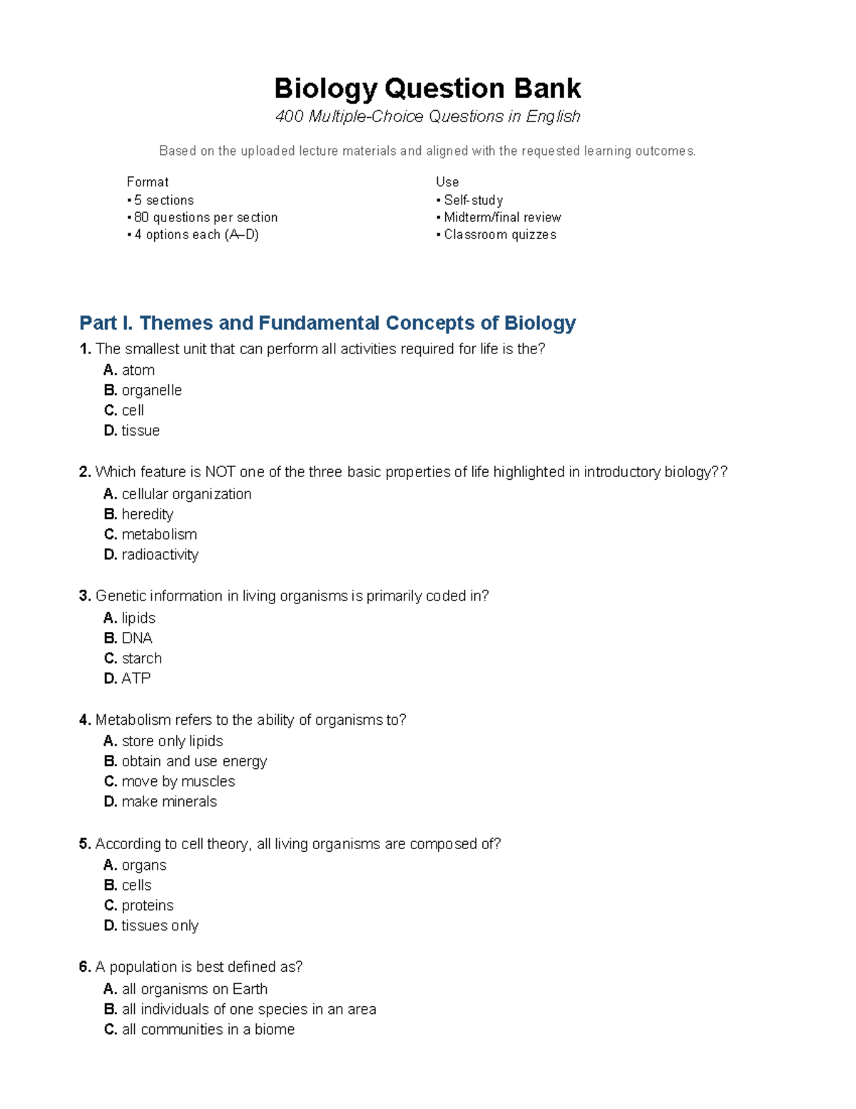 Biology 400 MCQ Question Bank: Comprehensive Review for Exams - Studocu