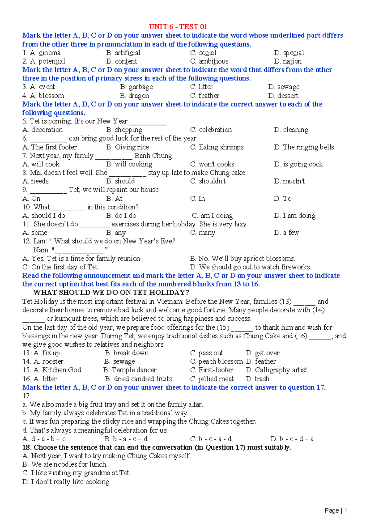 Test Unit 6 English 6 - Pronunciation and Vocabulary Exercises - Studocu